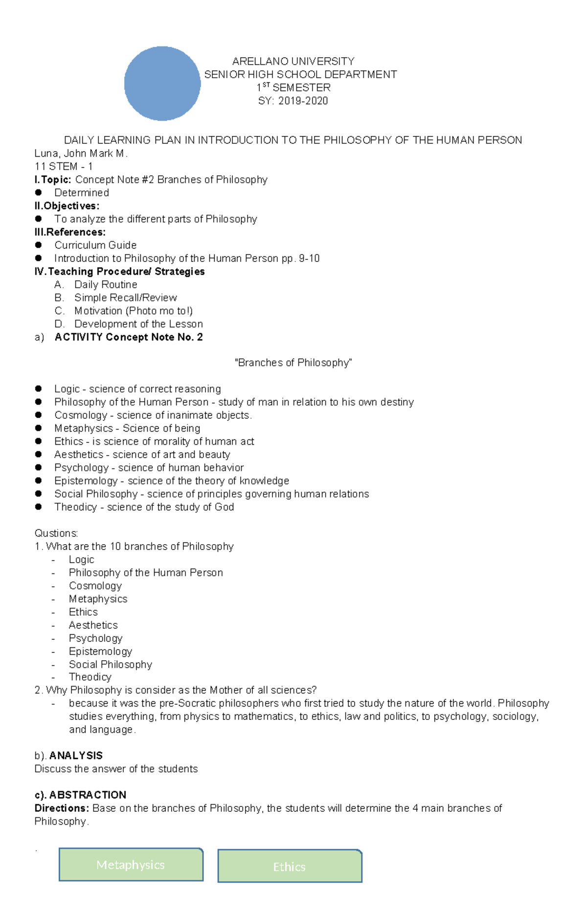 L02-DLP-Branches of Philosophy: Analyzing Key Concepts & Theories - Studocu