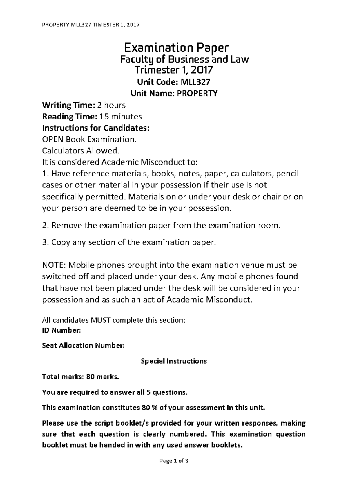 MLL327 Property Final Exam Paper 2017 - Trimester 1 - Studocu