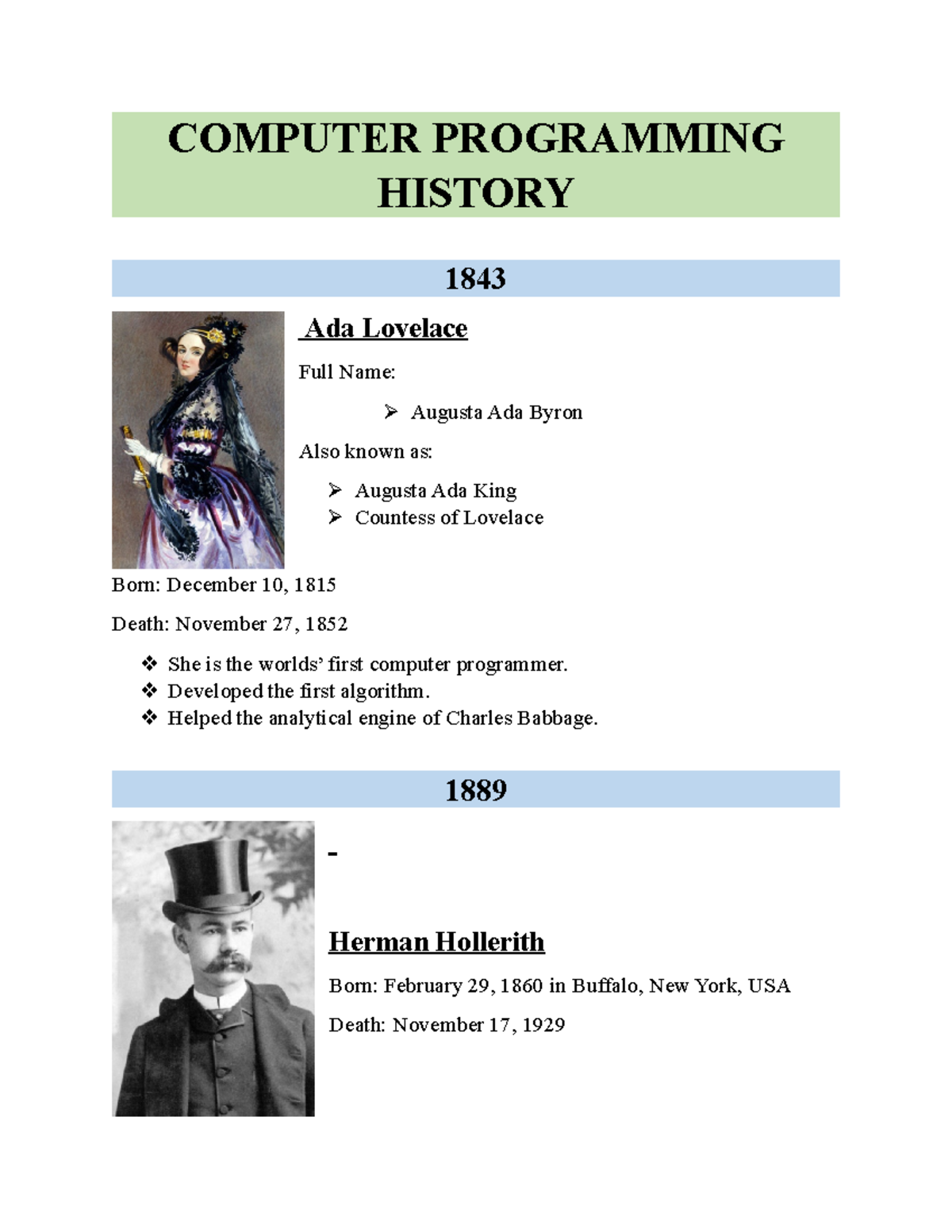 The History of Computer Programming (1843-2000) Notes - Bachelor of ...