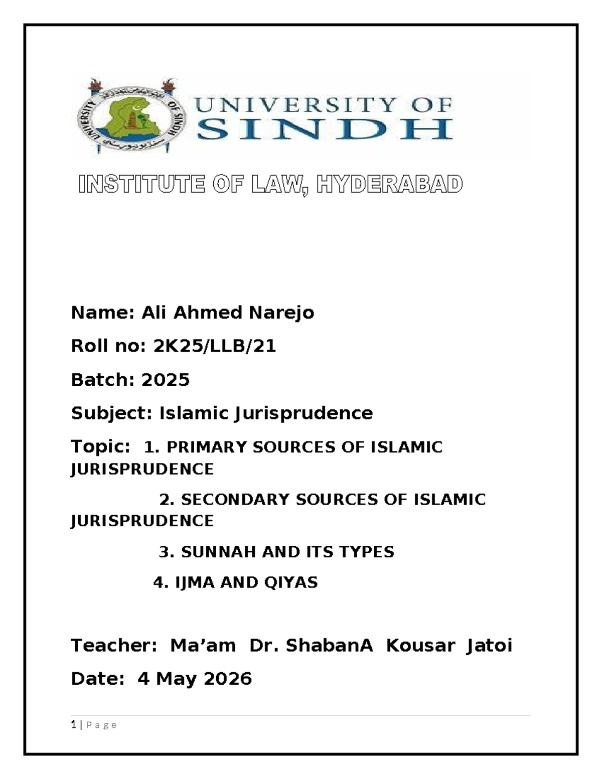 Islamic Jurisprudence: Primary & Secondary Sources (ALI I.J.) - Studocu