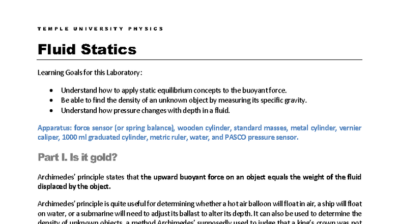 Fluid Statics Lab - Temple University Learning Goals and Procedures ...