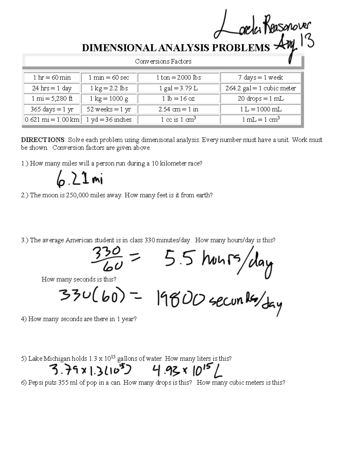 Dimensional Analysis Problems - PHet Simulator Worksheet - Studocu