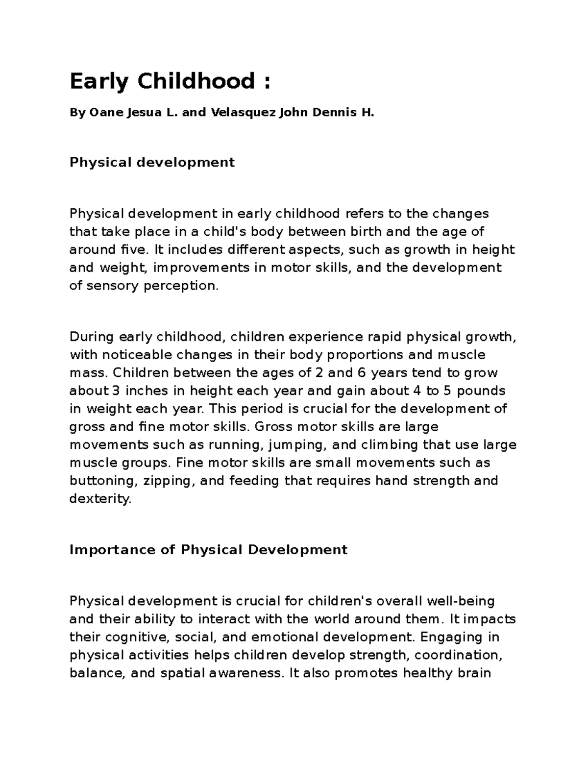 Early Childhood Development: Physical Growth & Health Insights - Studocu
