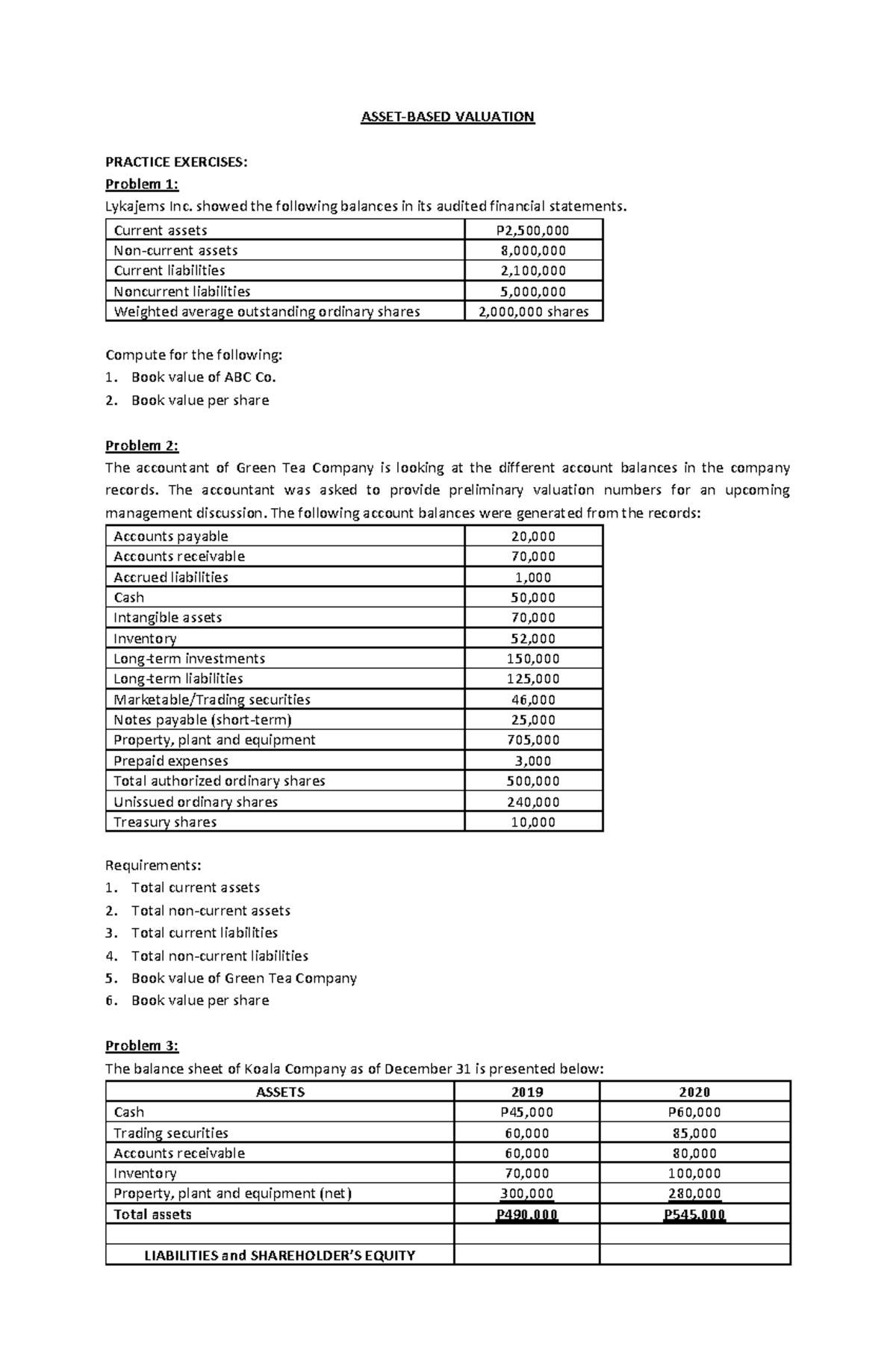 Practice Exercises on Asset-Based Valuation Techniques - Studocu