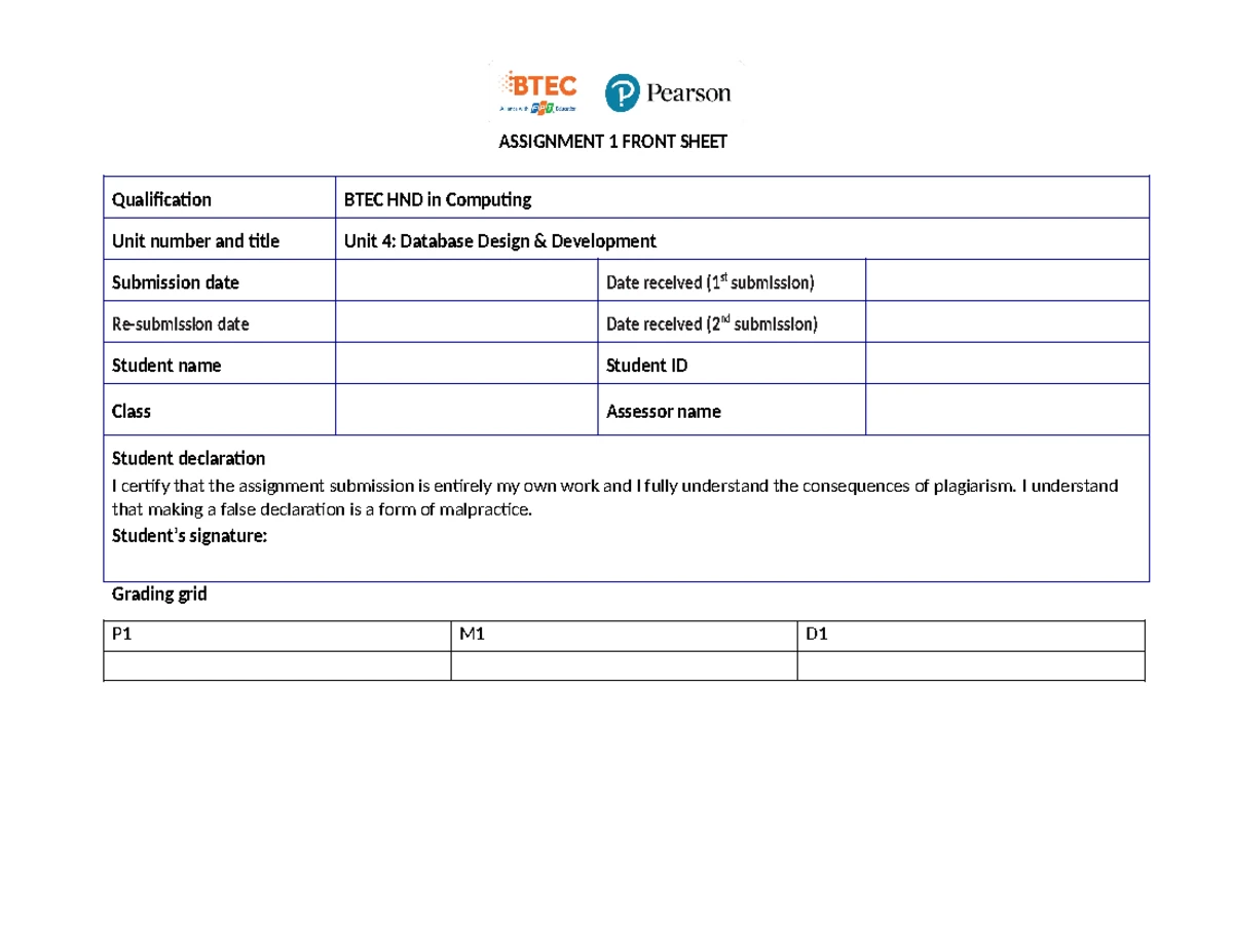 BTEC HND Computing SE07101 Final Report on Database Design Development ...