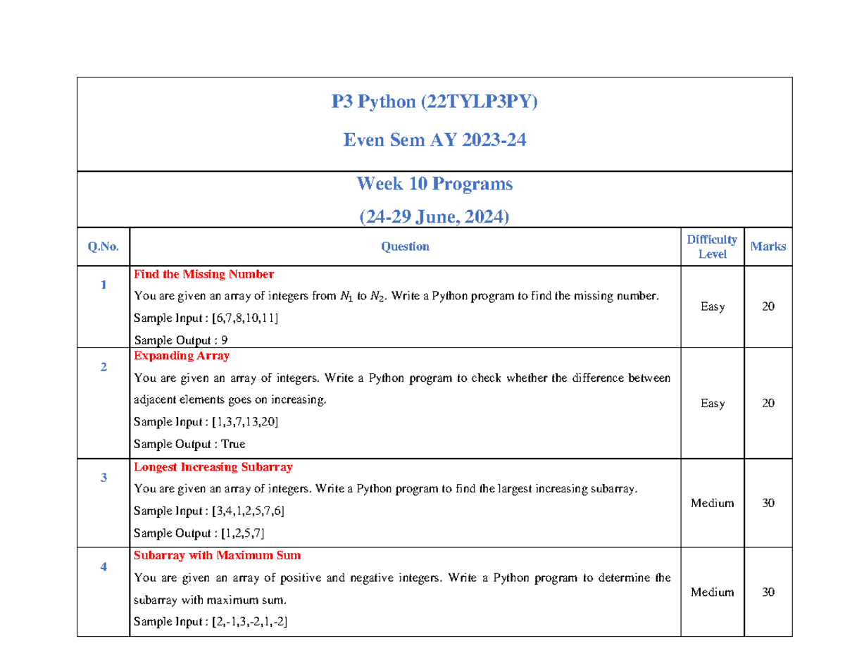 Week 10 Programs (22TYLP3PY) - Python Solutions and Challenges - Studocu