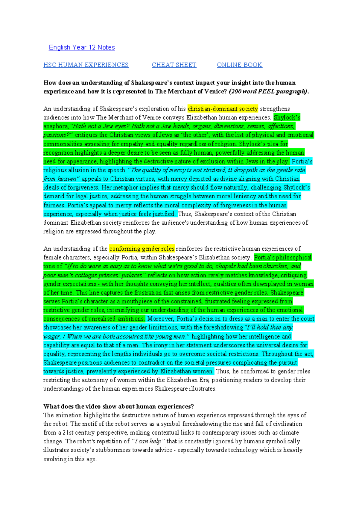 English Year 12 HSC Notes: Human Experiences in The Merchant of Venice ...