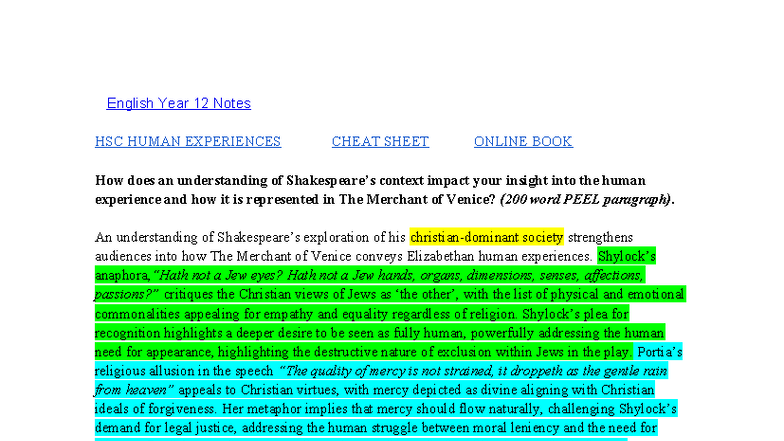 English Year 12 HSC Notes: Human Experiences in The Merchant of Venice ...