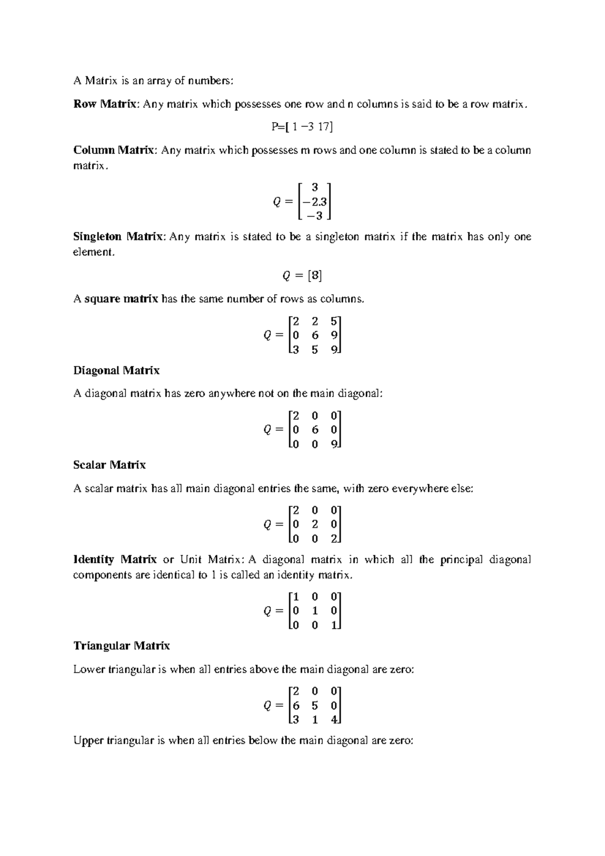 Matrix Types and Properties: A Comprehensive Guide (MATH 101) - Studocu