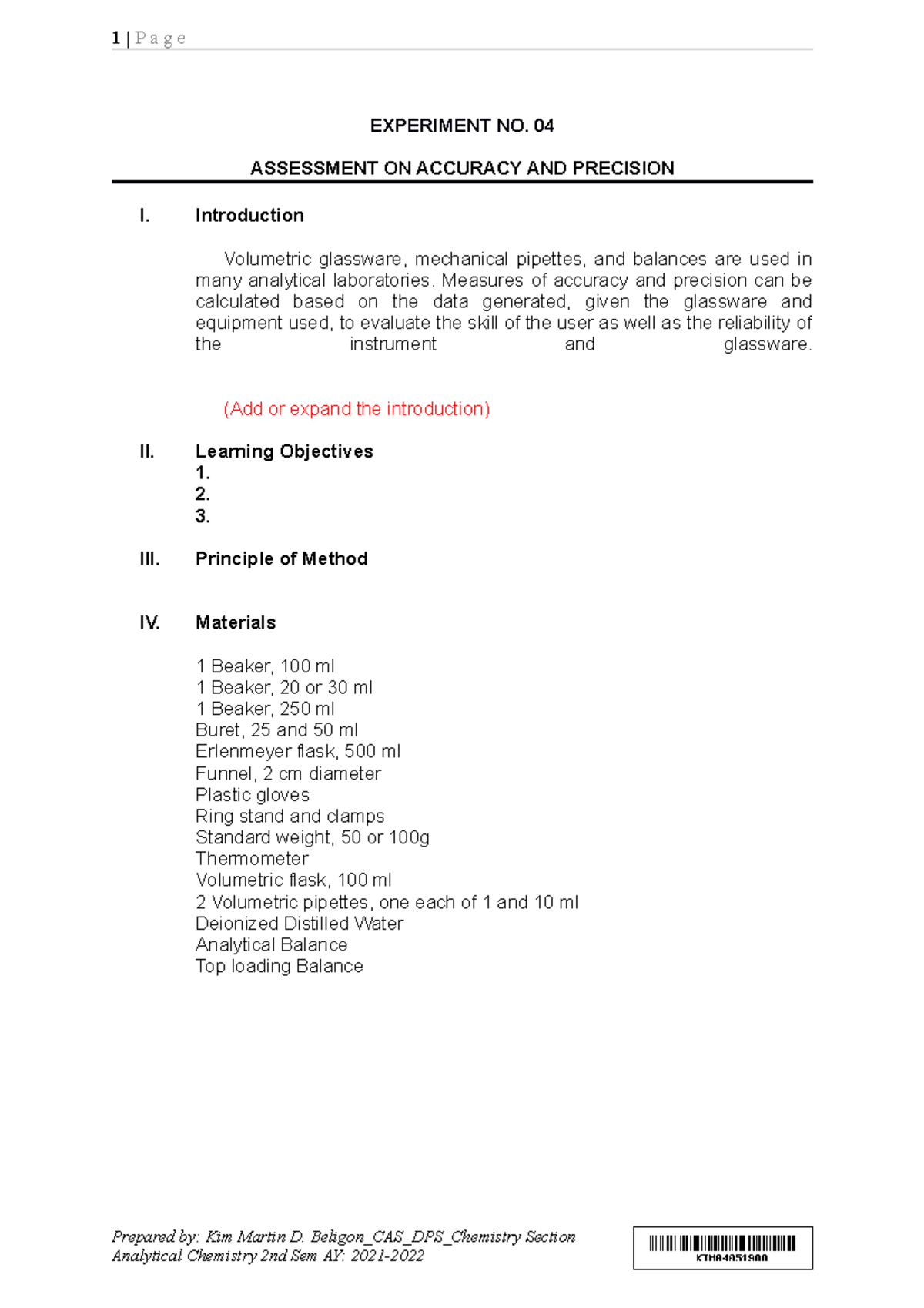 EXP. 04 Assessment of Accuracy and Precision in Analytical Chemistry ...