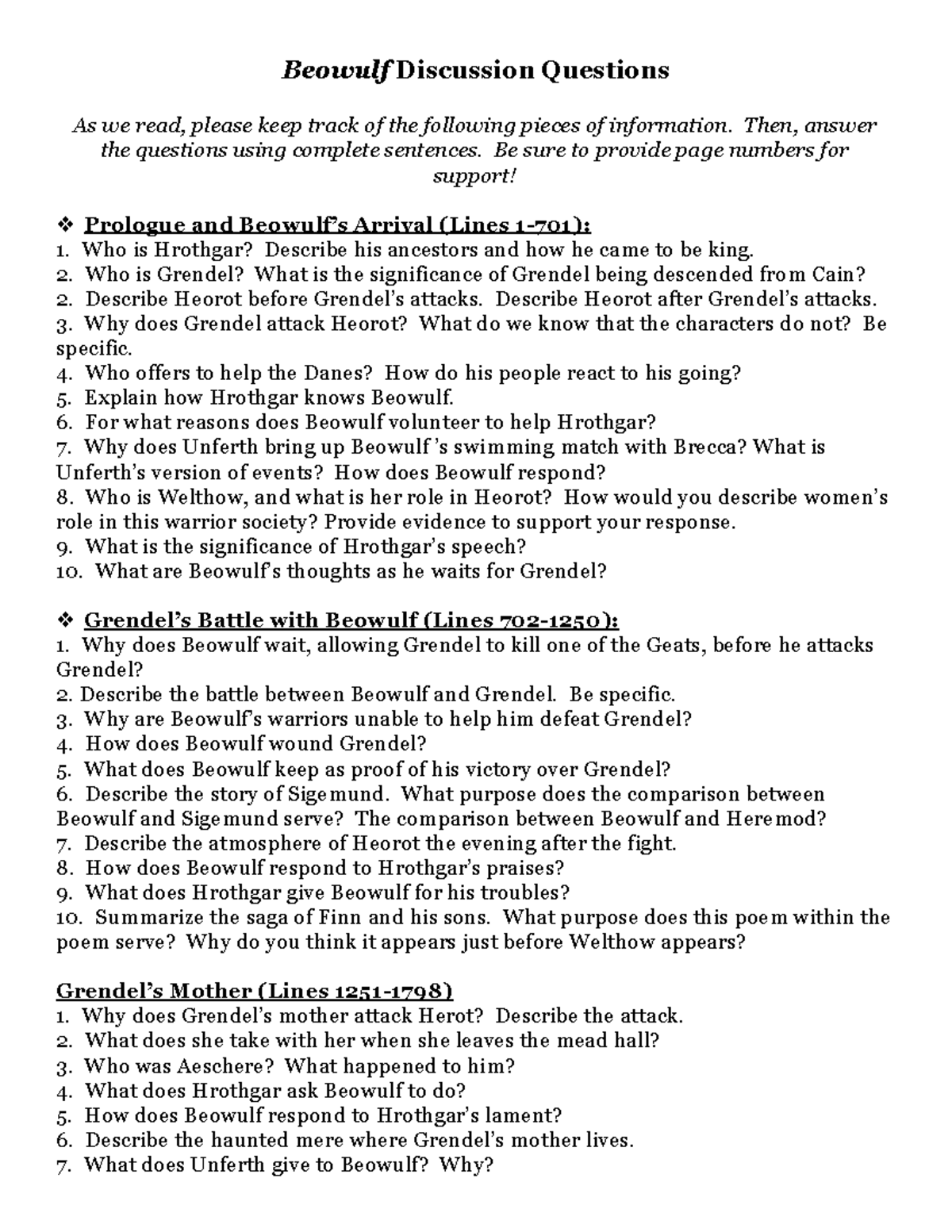 Beowulf Discussion Questions for grade 9 - Beowulf Discussion Questions ...