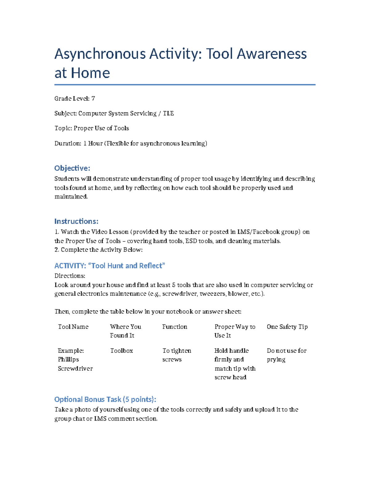 Asynchronous Activity: Proper Use of Tools for Grade 7 - Studocu