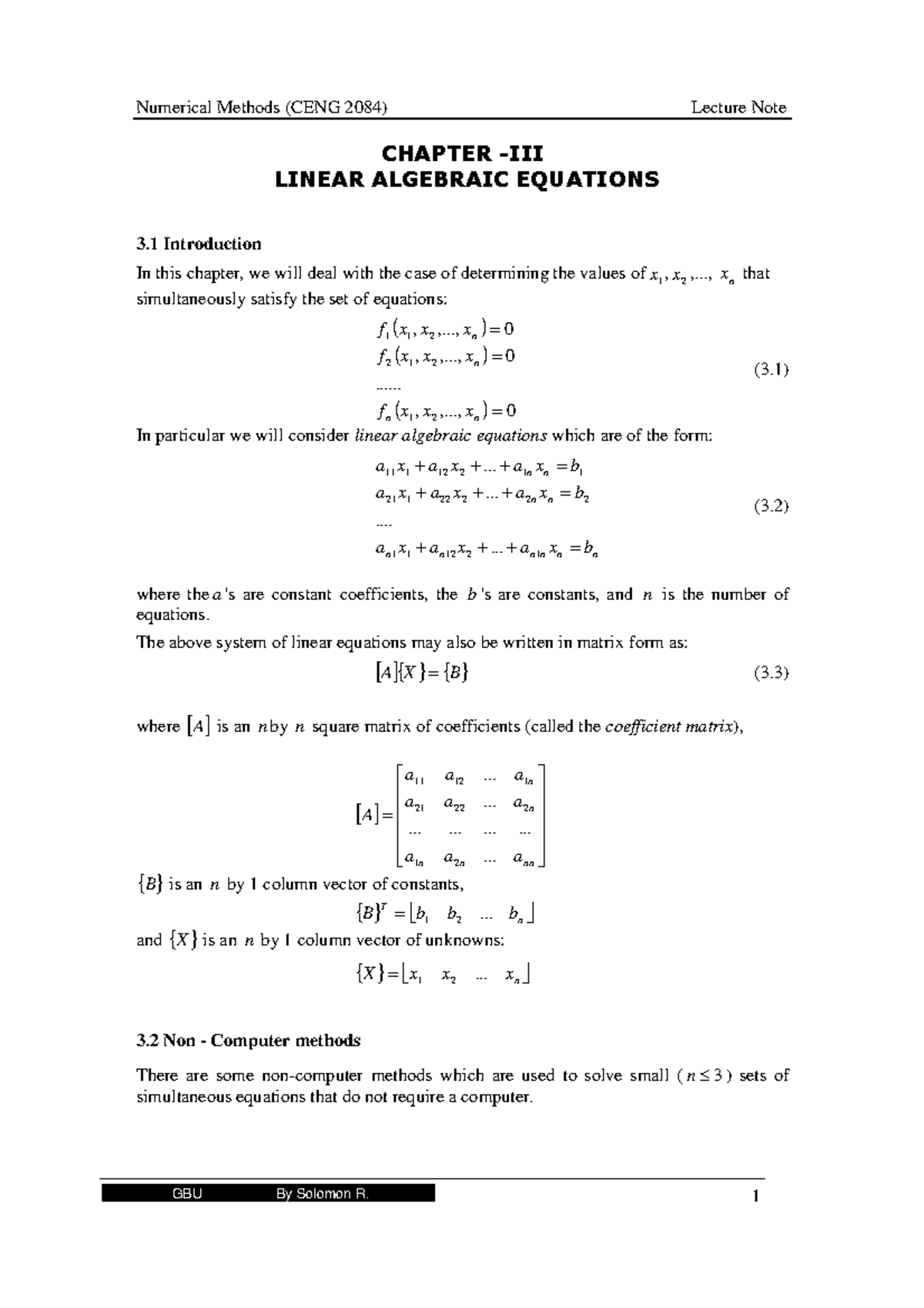 Numerical Methods (CENG 2084) Lecture Note: Chapter 3 Linear Algebraic ...
