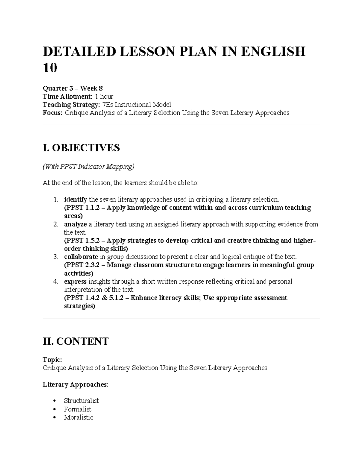ENGLISH 10 Lesson Plan: Critique Analysis Using 7 Literary Approaches ...
