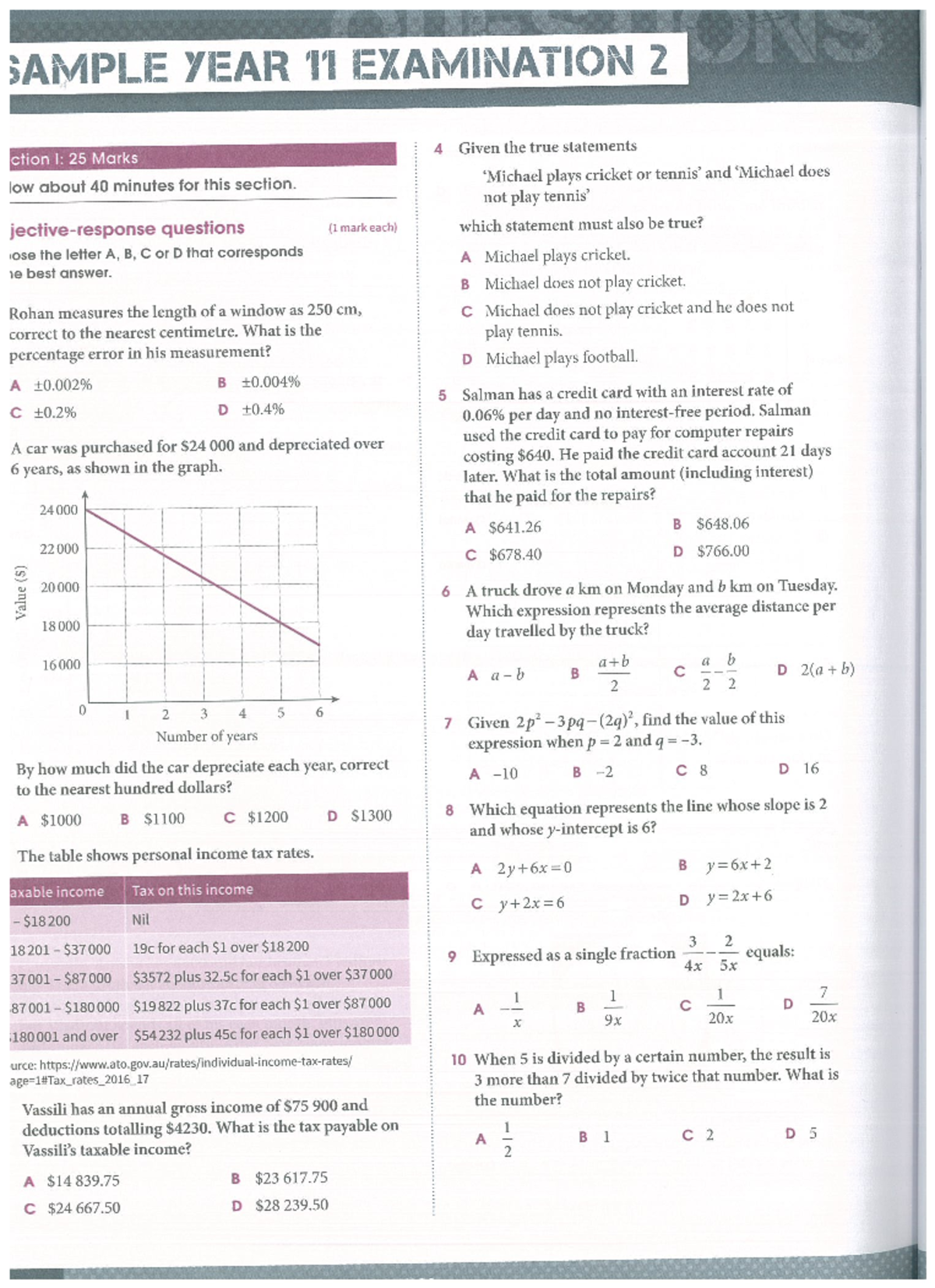 Sample Year 11 Exam Questions 2 - Mathematics and Excel - Studocu