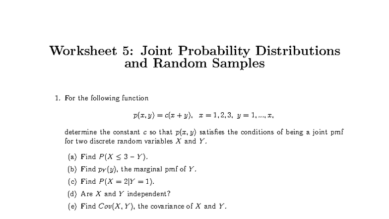 Worksheet 5: Joint Probability Distributions & Random Samples - Studocu