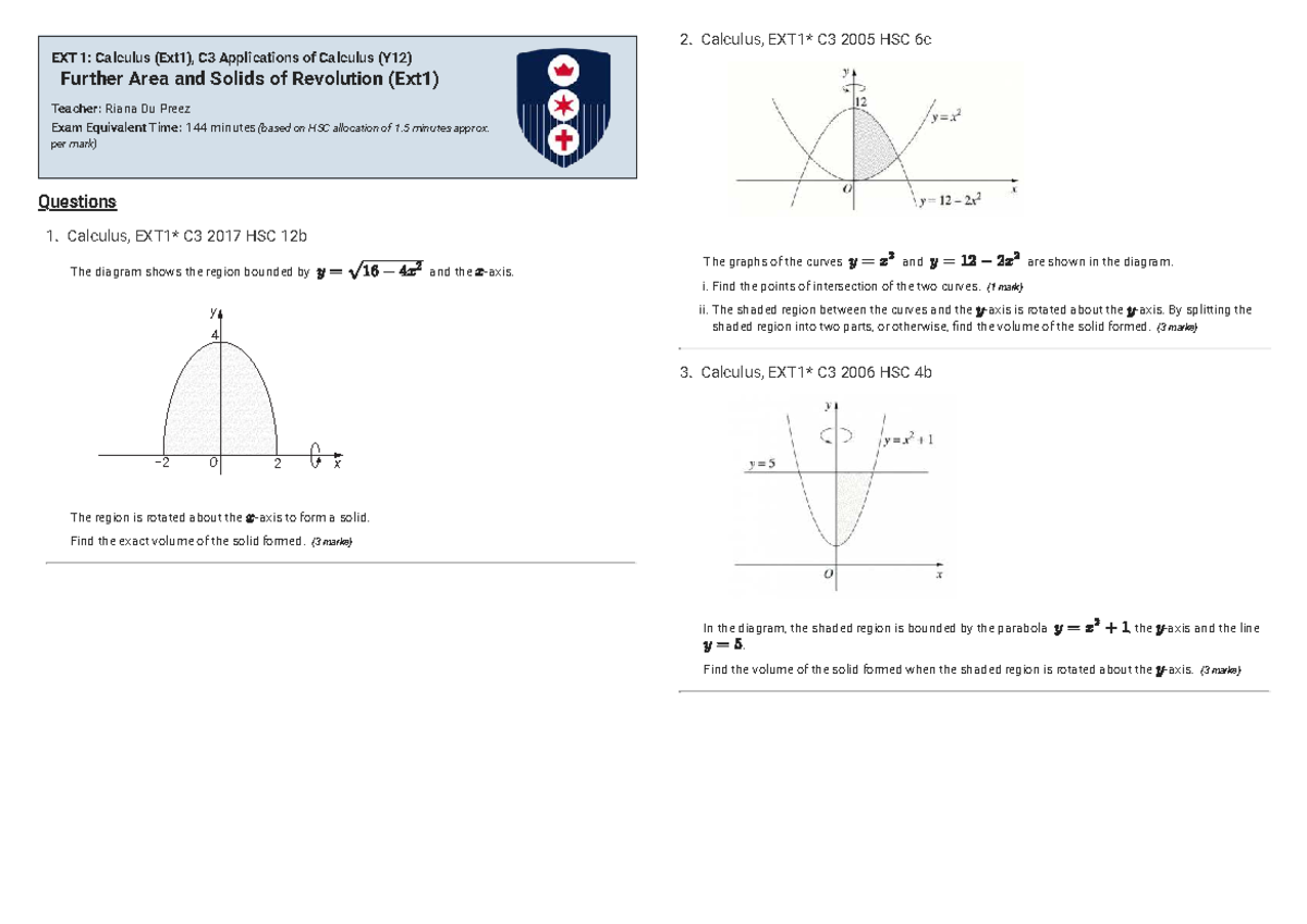 Further Area and Solids of Revolution: C3 EXT1 HSC Exam Solutions - Studocu