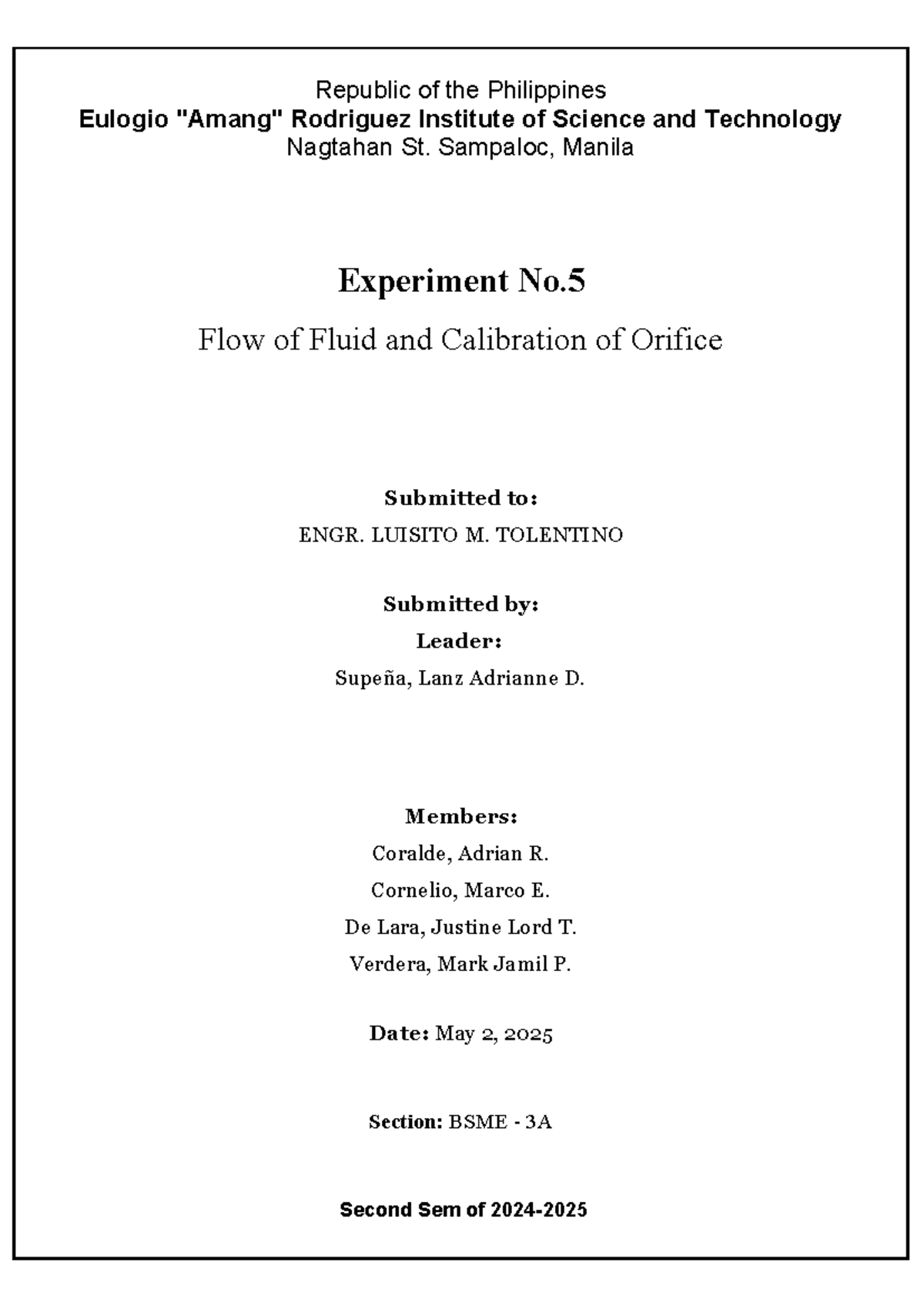 Experiment No. 5: Fluid Flow Measurement & Orifice Calibration (BSME 3A ...
