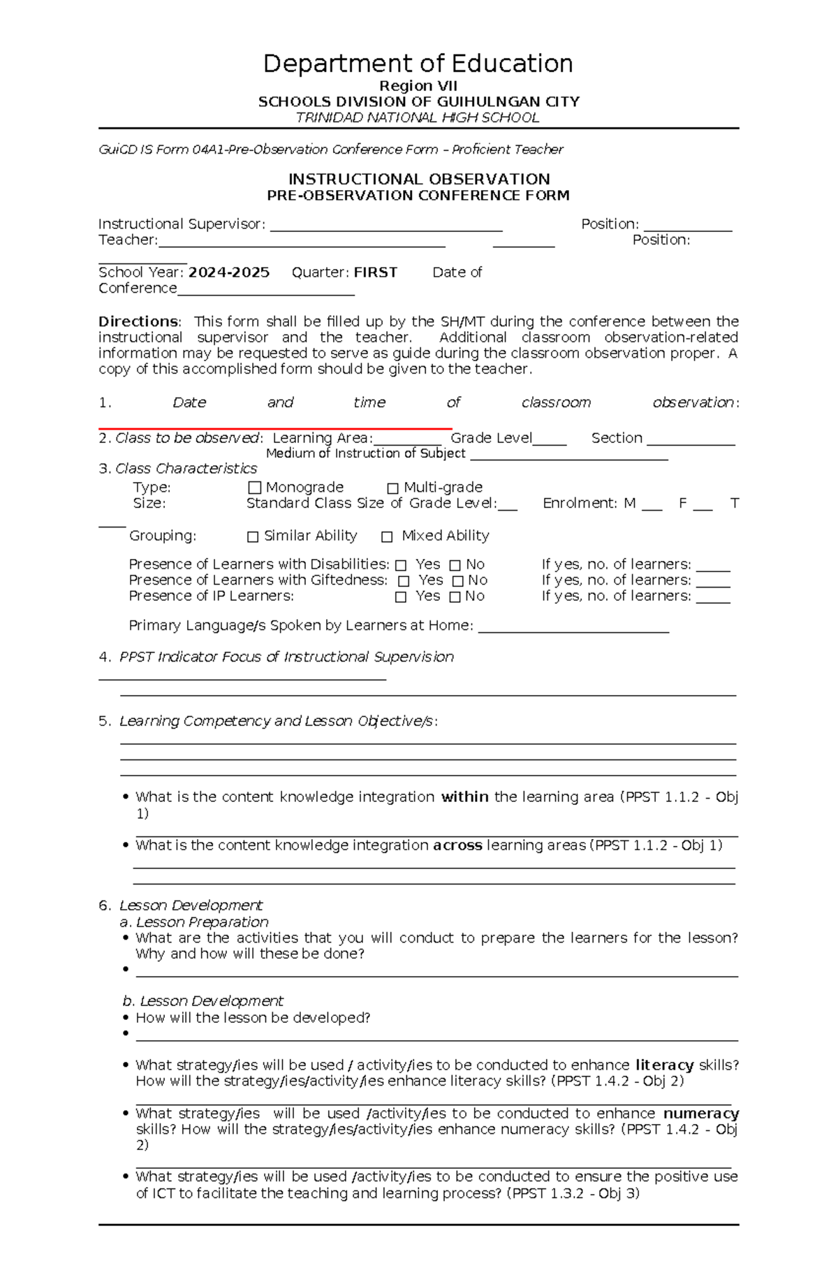 Pre-Observation Conference Form for Proficient Teacher (2024-2025 ...