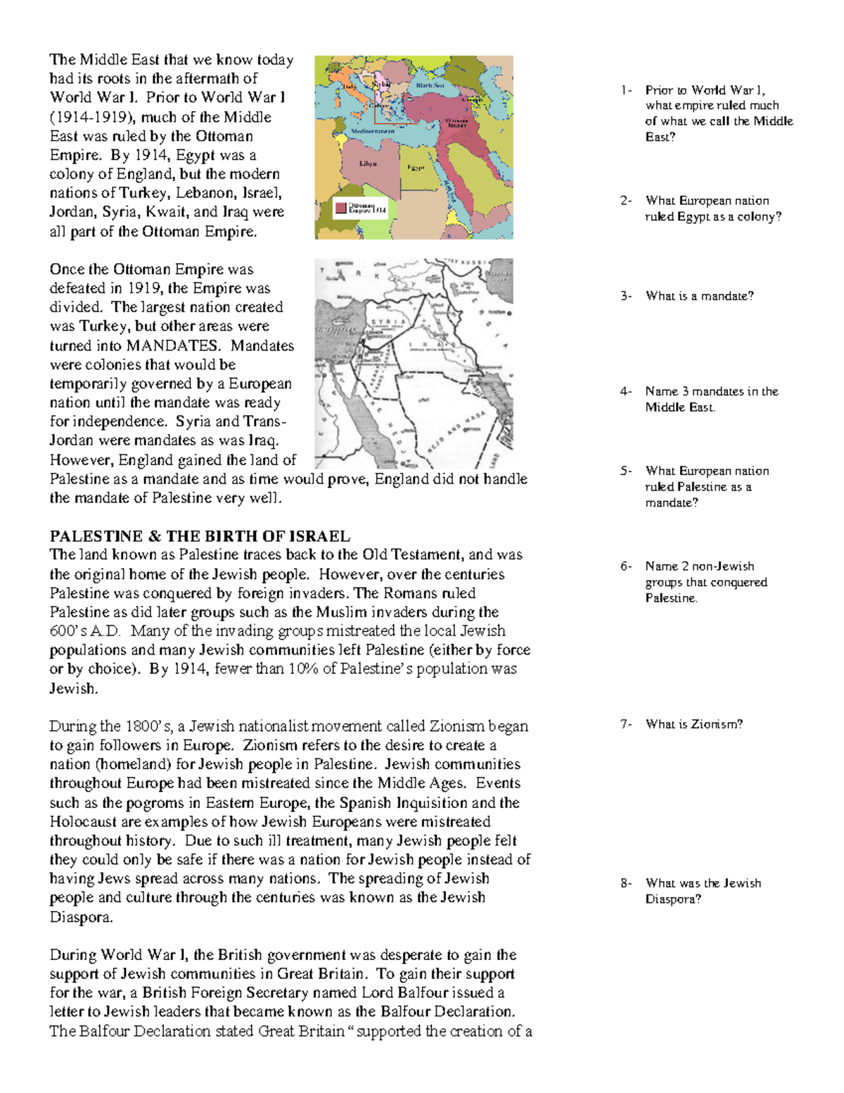 Middle East History: Mandates and the Birth of Israel (HIST 101) - Studocu