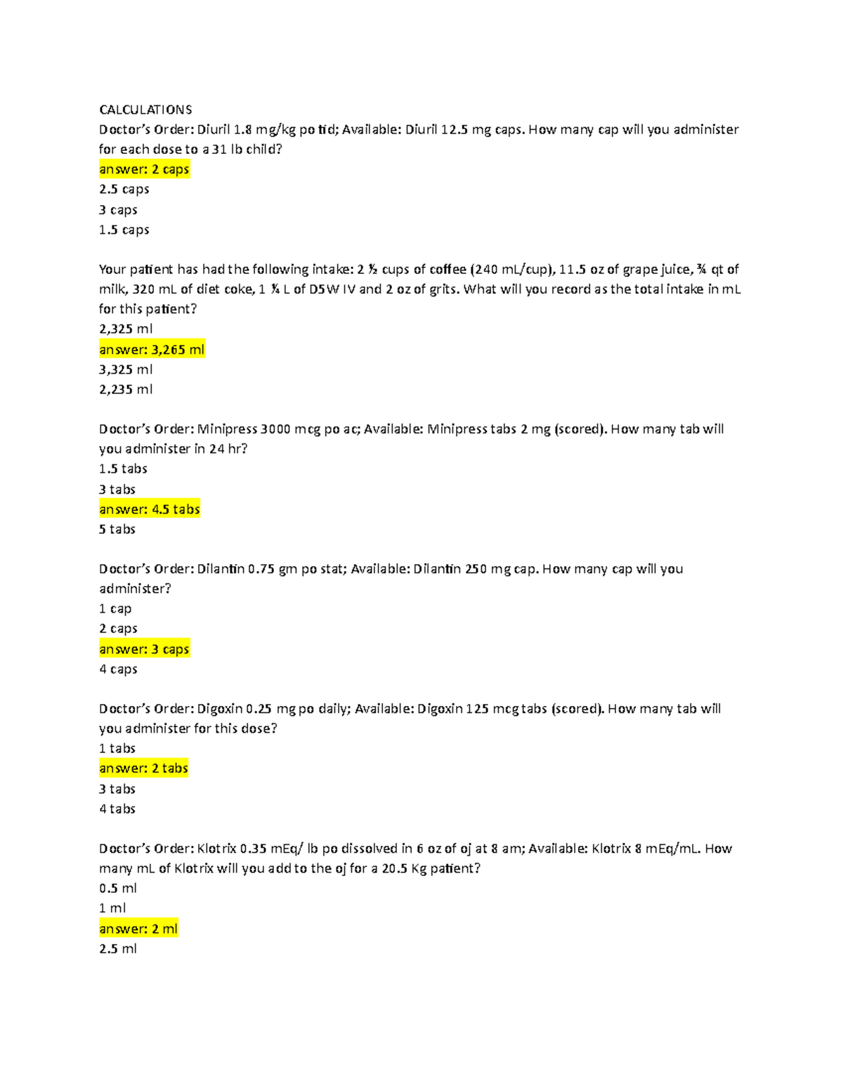 Care of older adults test bank - CALCULATIONS Doctor’s Order: Diuril 1 ...