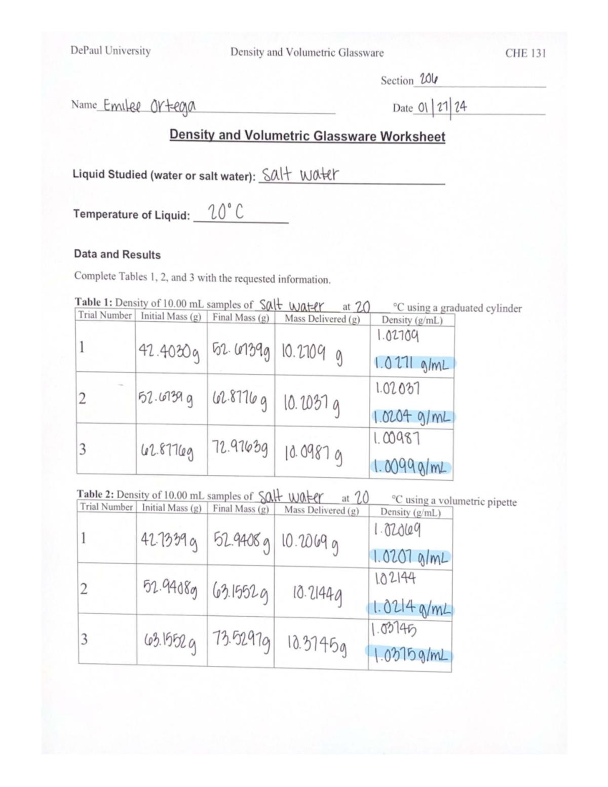 Density and Volumetric Glassware Analysis Worksheet CHE 131 - Studocu