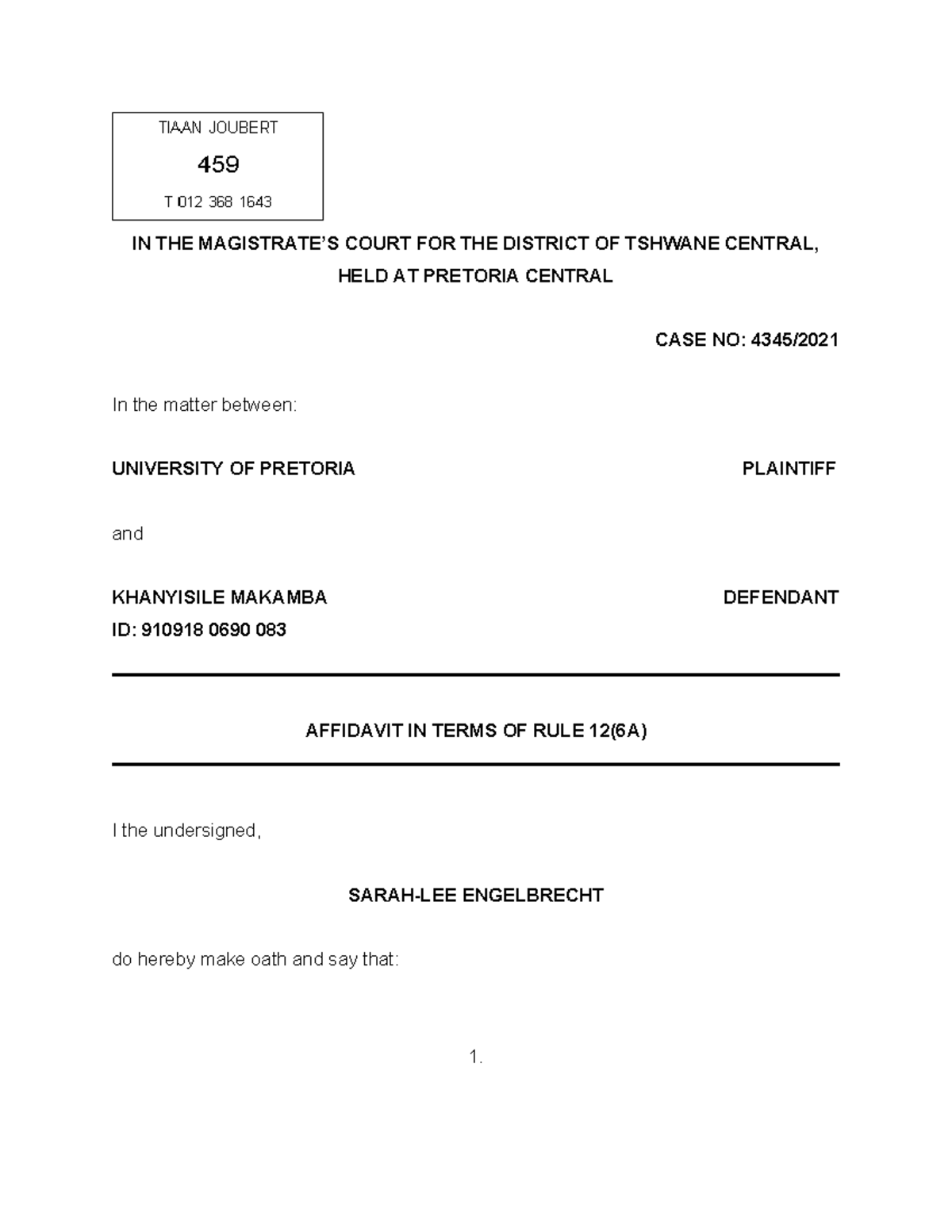 Affidavit in Terms of Rule 12(6A) - University of Pretoria Case - Studocu