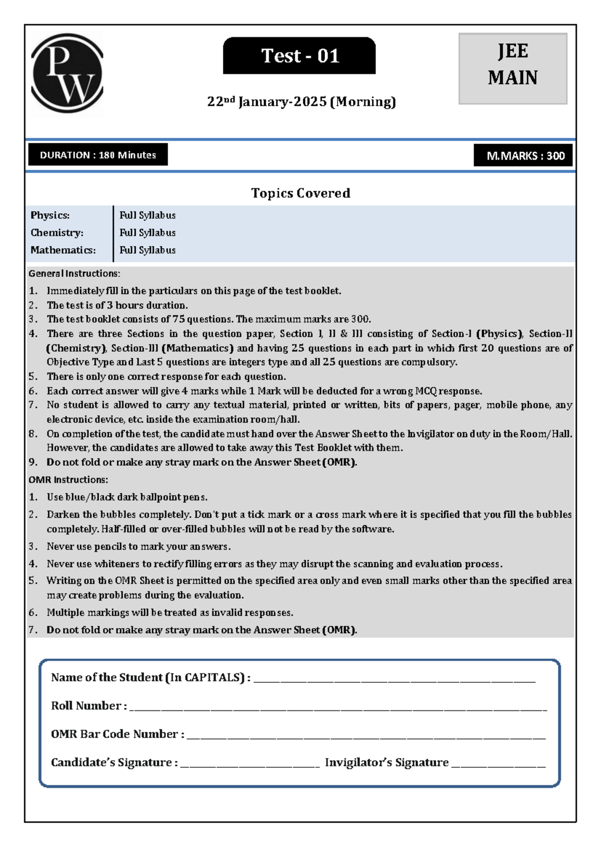 Test 01 JEE MAIN 2025: Full Syllabus Overview and Instructions - Studocu