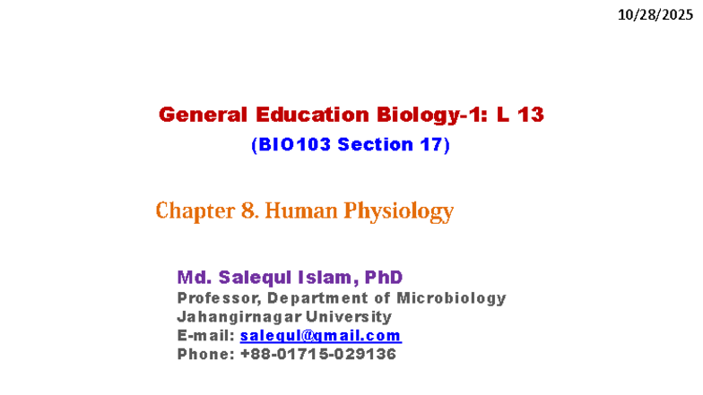 L13-BIO103-S17: Human Physiology - Homeostasis Lecture Notes - Studocu