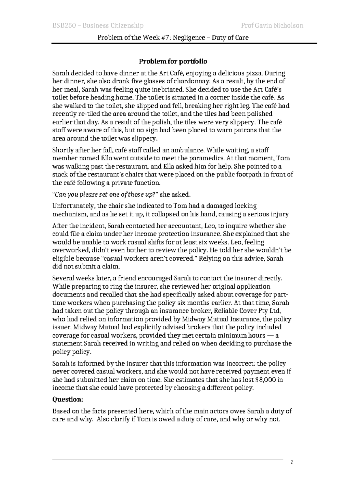 25S2.07 BSB250 T7 Duty of Care Analysis: Negligence Case Study - Studocu