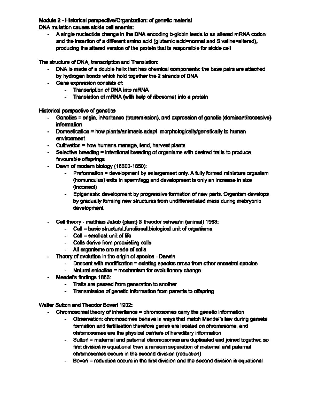 Bio2133 Module 2 - Lecture Notes on Genetic Material & Sickle Cell ...