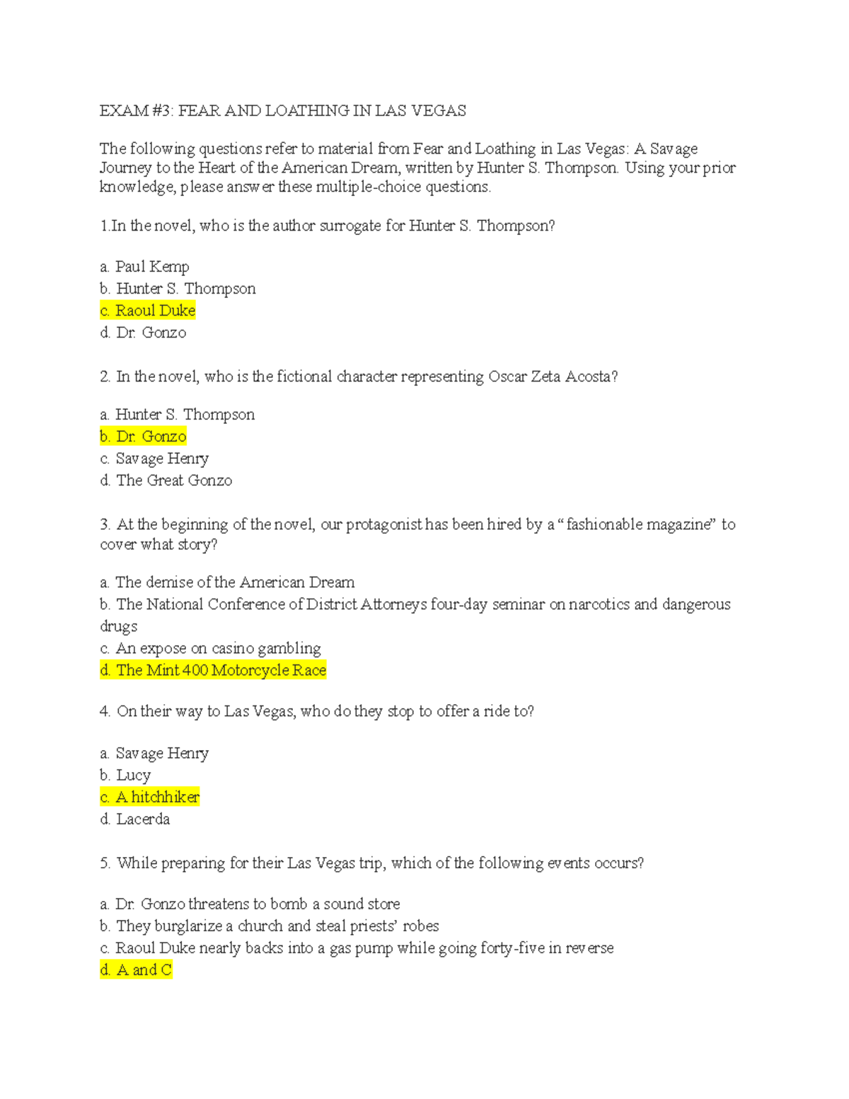 Exam 3 - Quiz on Fear and Loathing in Las Vegas Analysis - Studocu