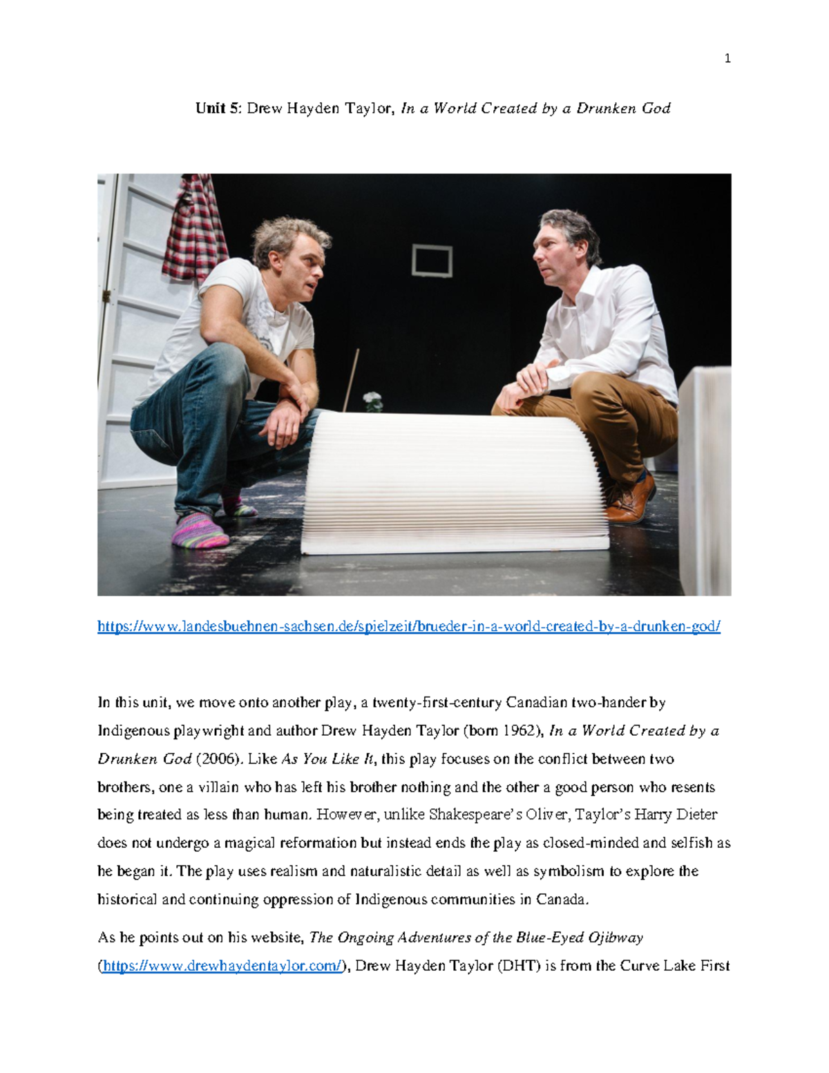 Unit 5: Drew Hayden Taylor's "In a World Created a Drunken God ...