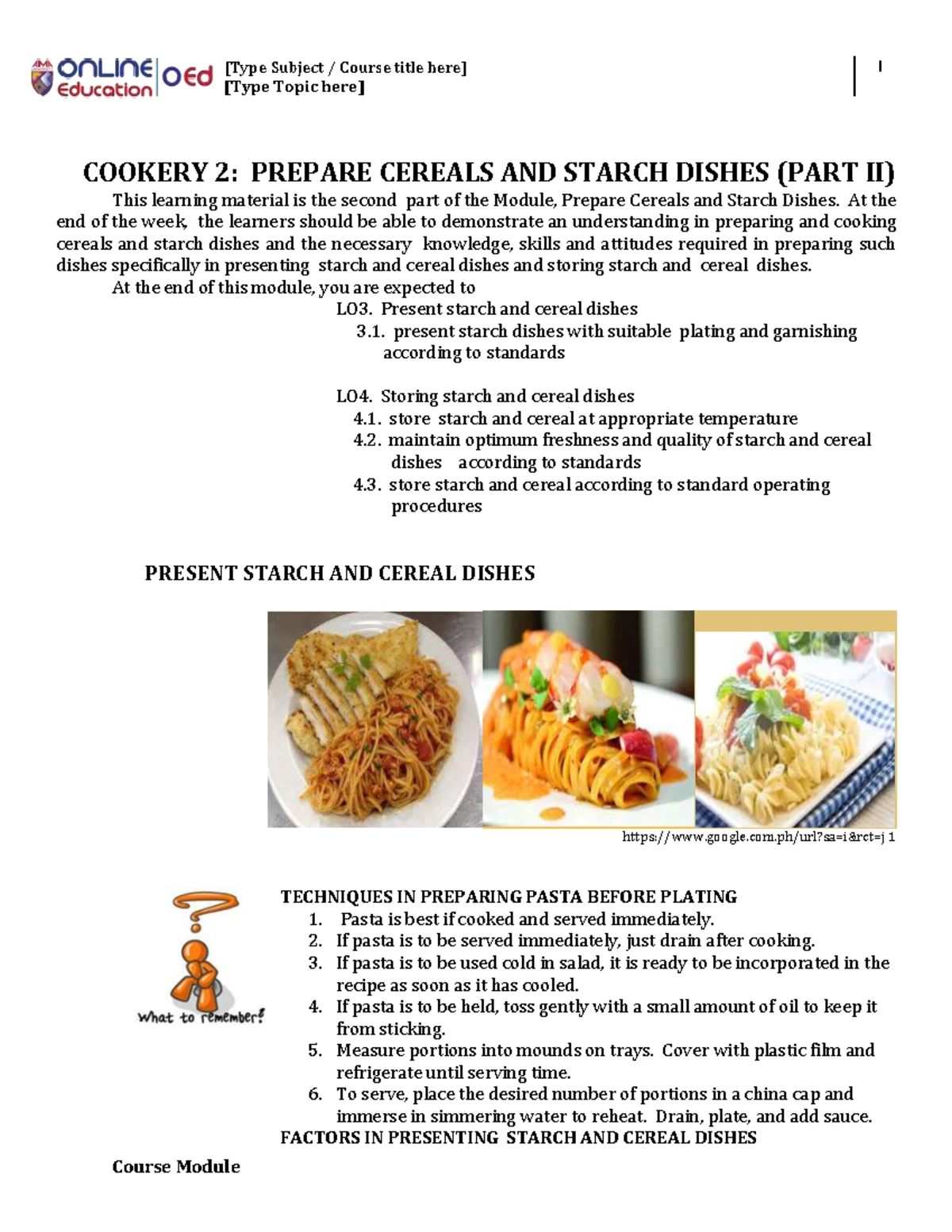 Cookery Lesson 2: Mastering Starch and Cereal Dish Preparation - Studocu