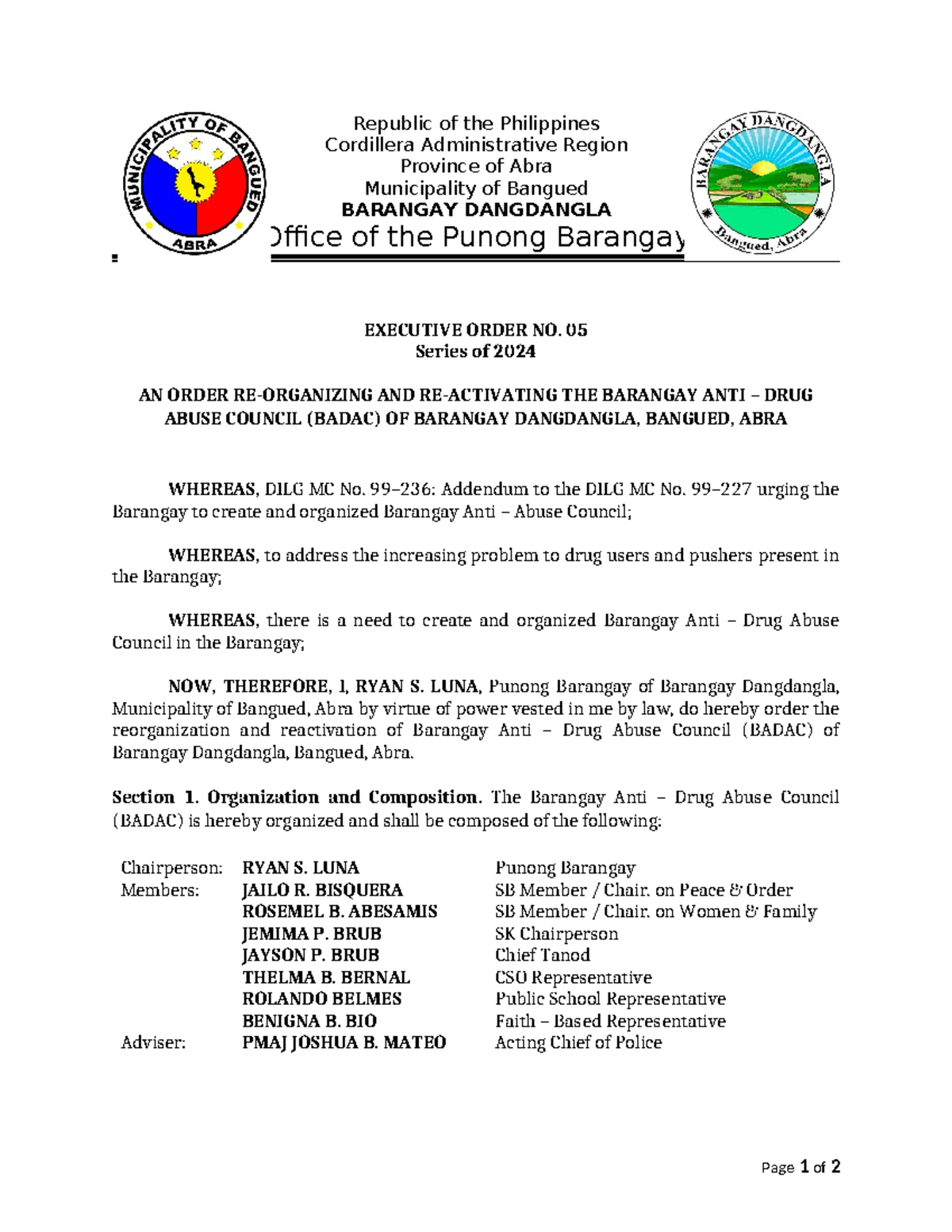 EO No. 05: Reorganization of BADAC in Barangay Dangdangla, Abra - Studocu