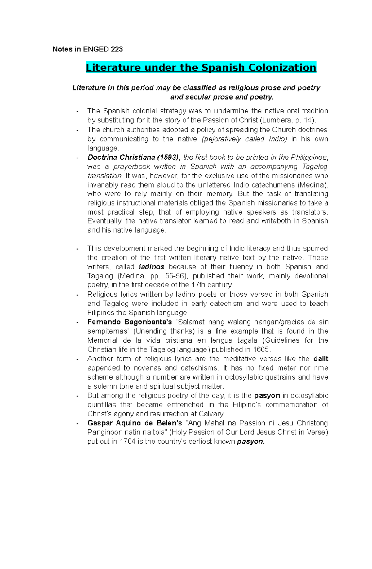 Literature under the Spanish Colonization - Notes in ENGED 223 ...