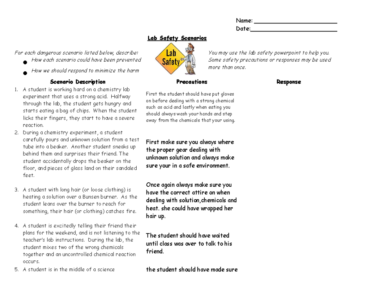 Lab Safety Scenarios Worksheet: Preventing Harm in Chemistry Labs - Studocu