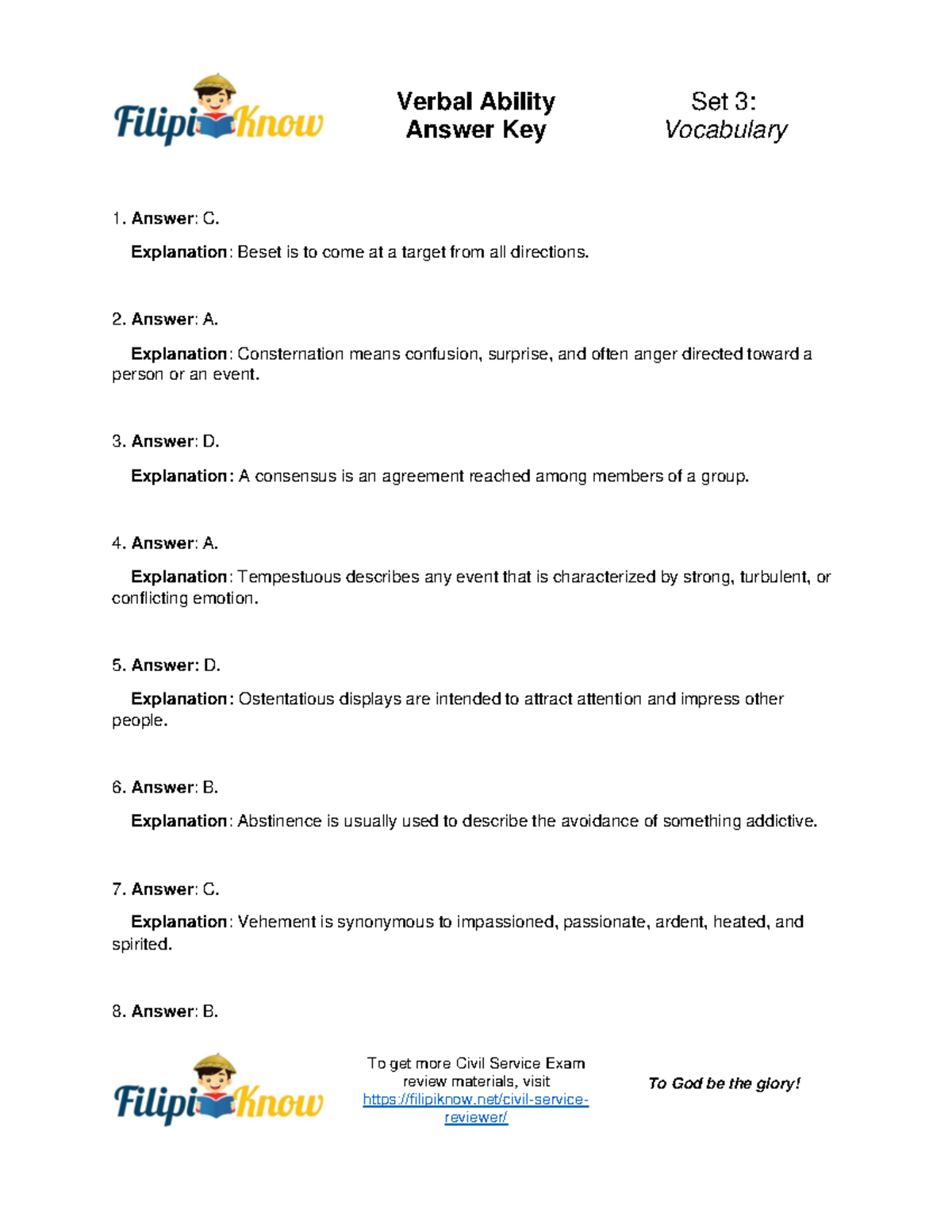 Verbal Ability Answer Key Set 3 - Verbal AbilityAnswer Key Vocabulary ...