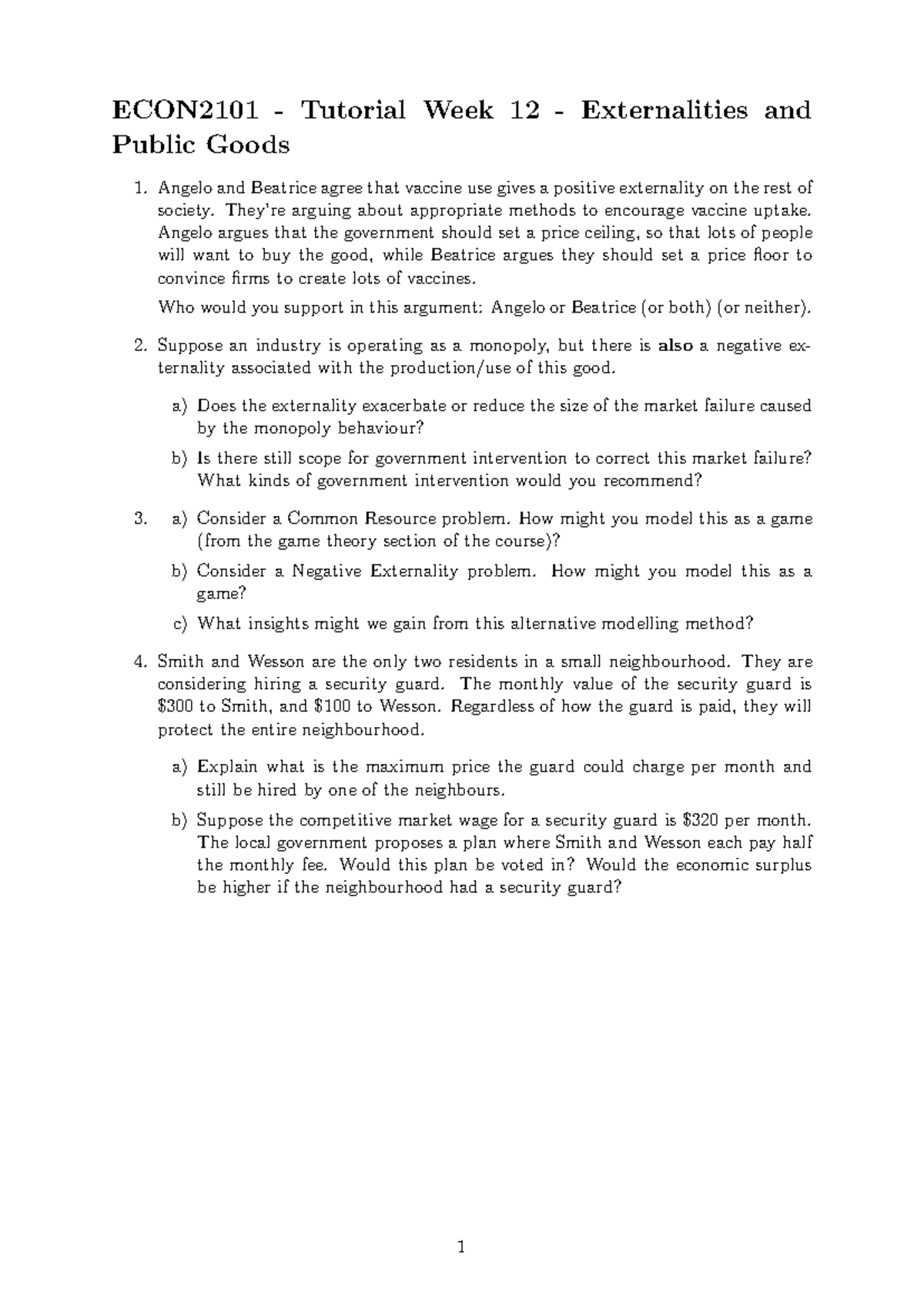 ECON2101 Tutorial Week 12: Externalities, Public Goods & Market Failures - Studocu