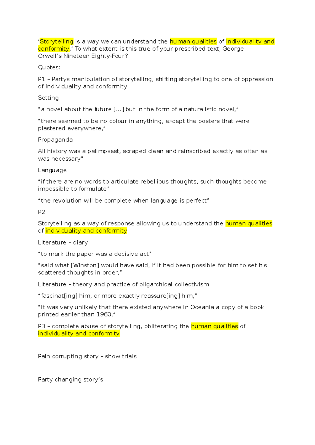 1984 Practice Essay 2: Storytelling, Individuality, and Conformity ...