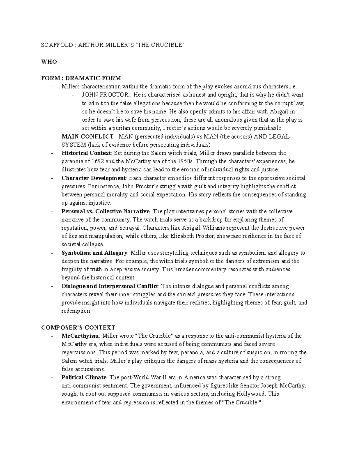 COMMON MOD 'THE CRUIBLE' NOTES - SCAFFOLD : ARTHUR MILLER’S ‘THE ...