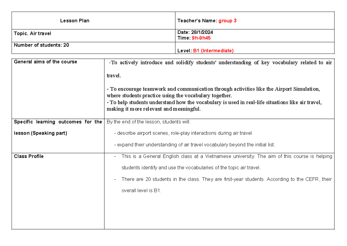 K27N01 - Group 3 - Lesson Plan on Air Travel (Week 3) - Studocu