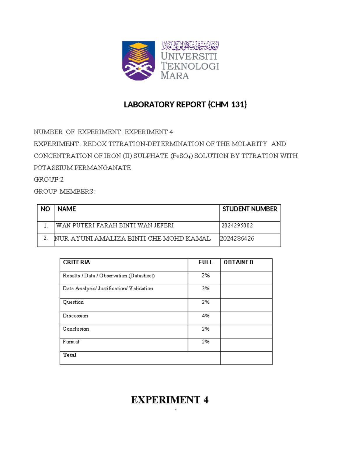 CHM131 Lab Report: Redox Titration of Iron(II) Sulfate (Exp. 4) - Studocu