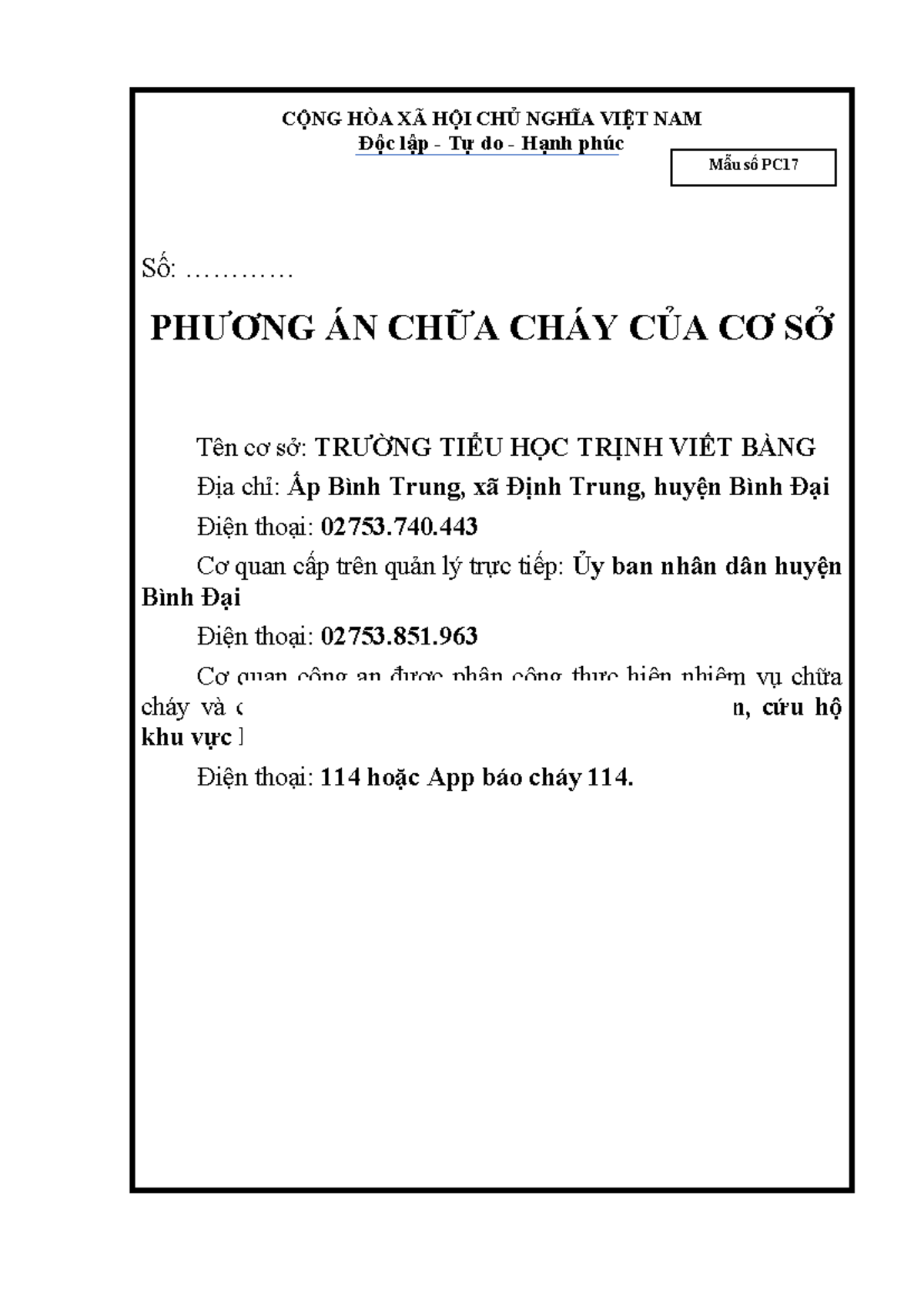 Phương án PCCC Trường Tiểu Học Trịnh Viết Bàng - TH Trinh VIET BANG ...