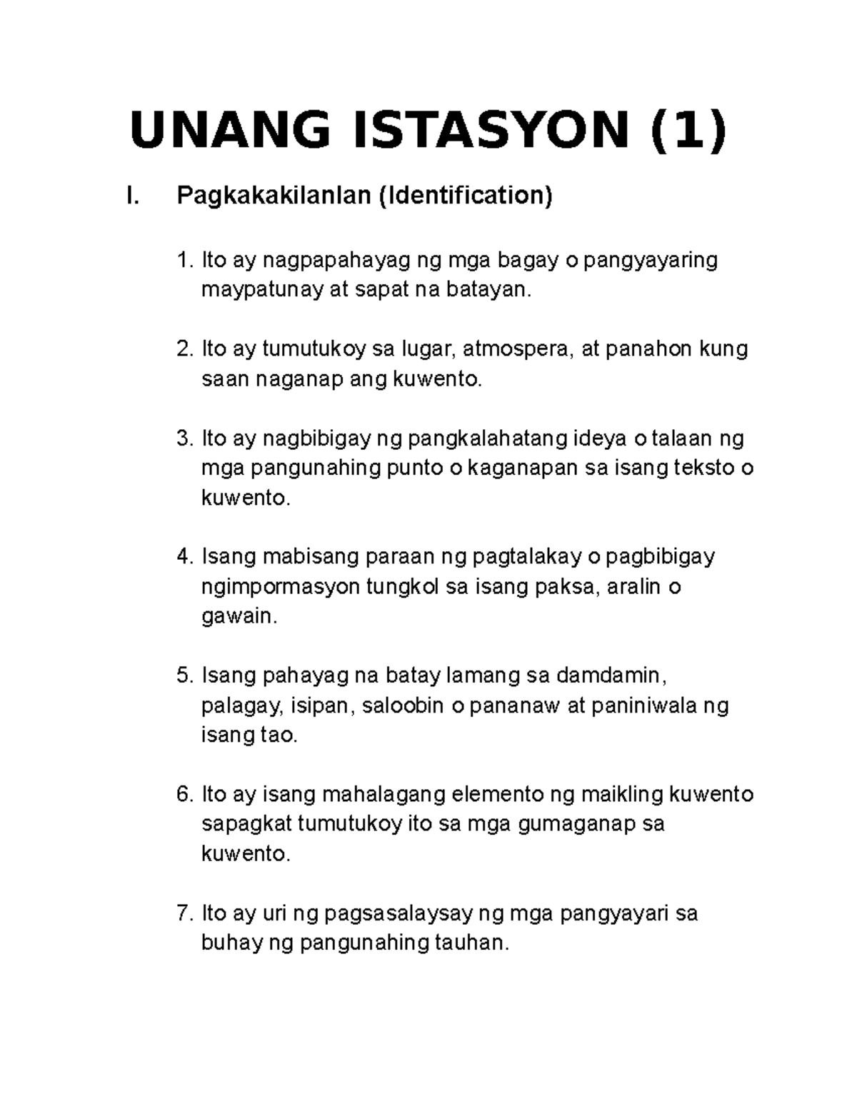 Filipino-QUIZ: Unang Istasyon ng Pagkakakilanlan at Kahalagahan - Studocu