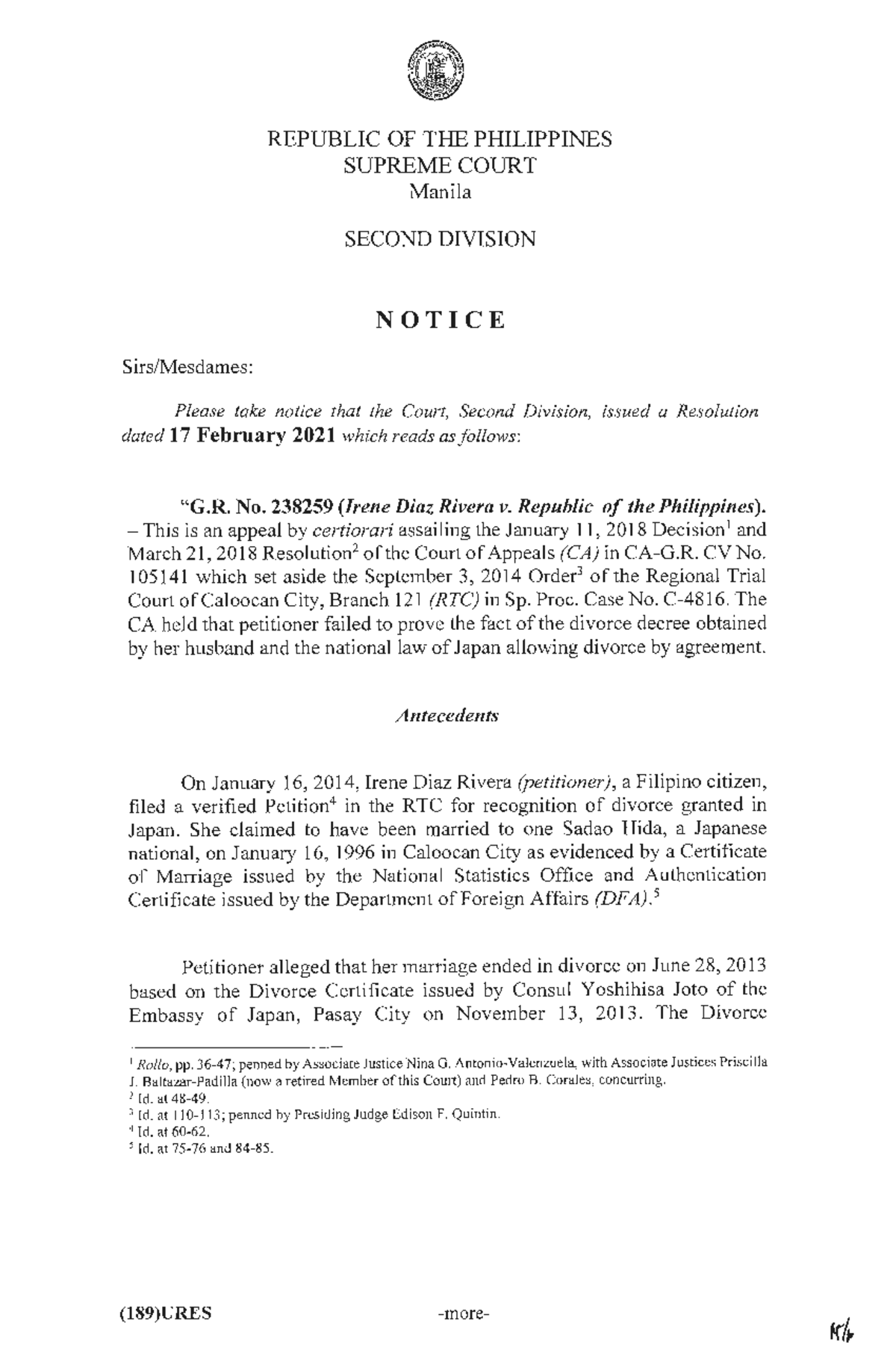 Rivera v. Republic, G.R. No. 238259: Supreme Court Resolution on ...