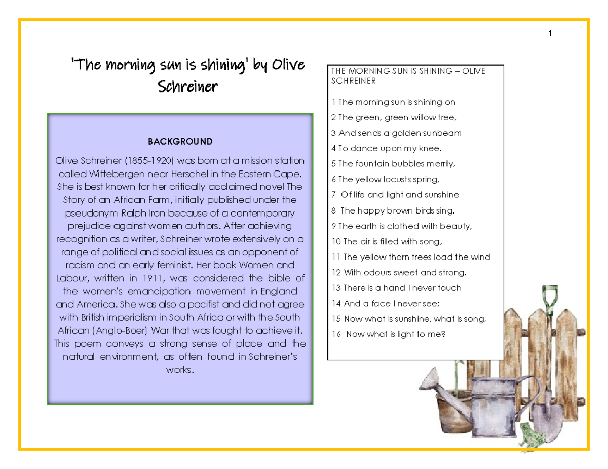 Olive Schreiner's Poem Analysis: "The Morning Sun is Shining" - Studocu