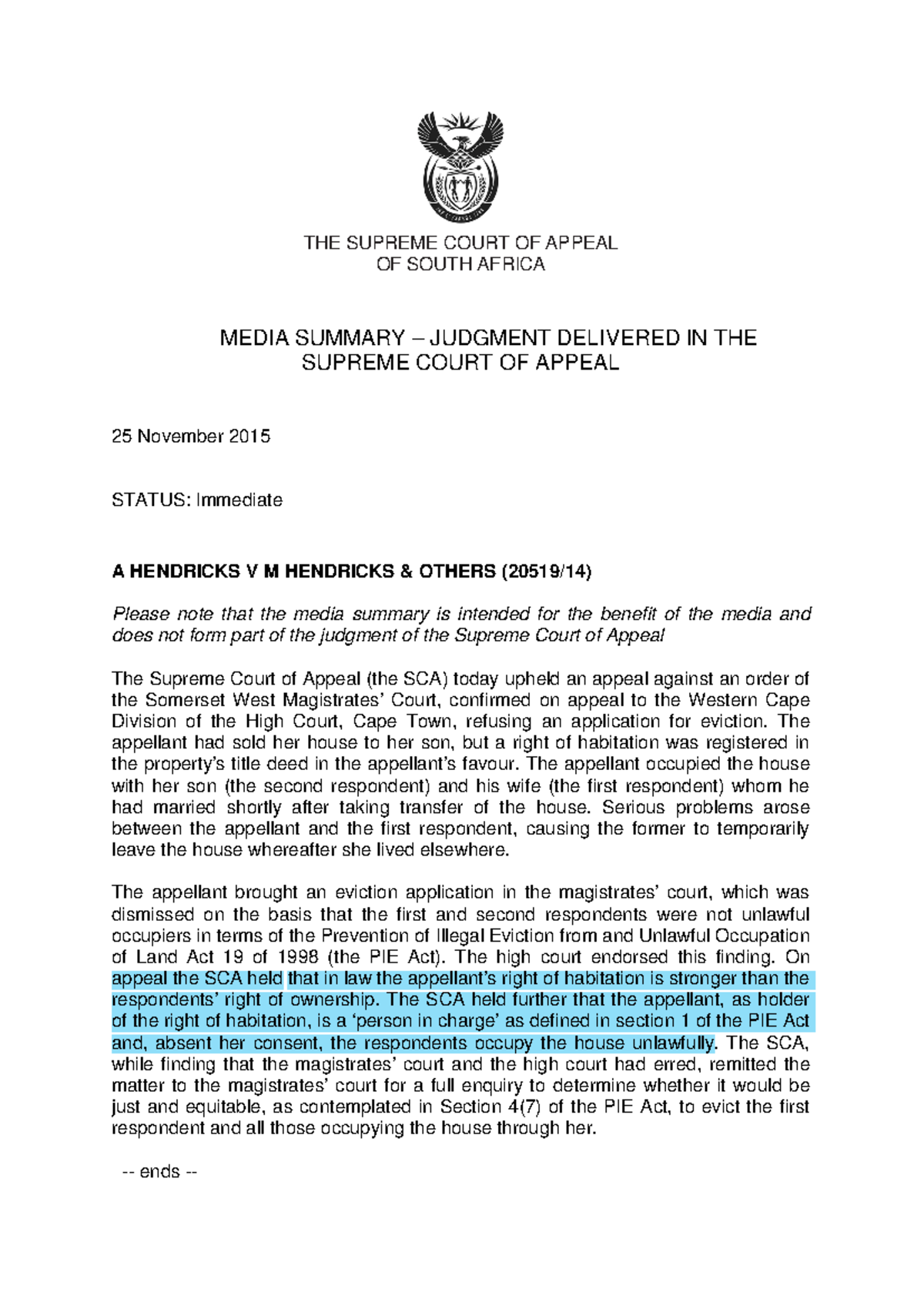 Hendricks Case Summary: Supreme Court Appeal Judgment Analysis - Studocu