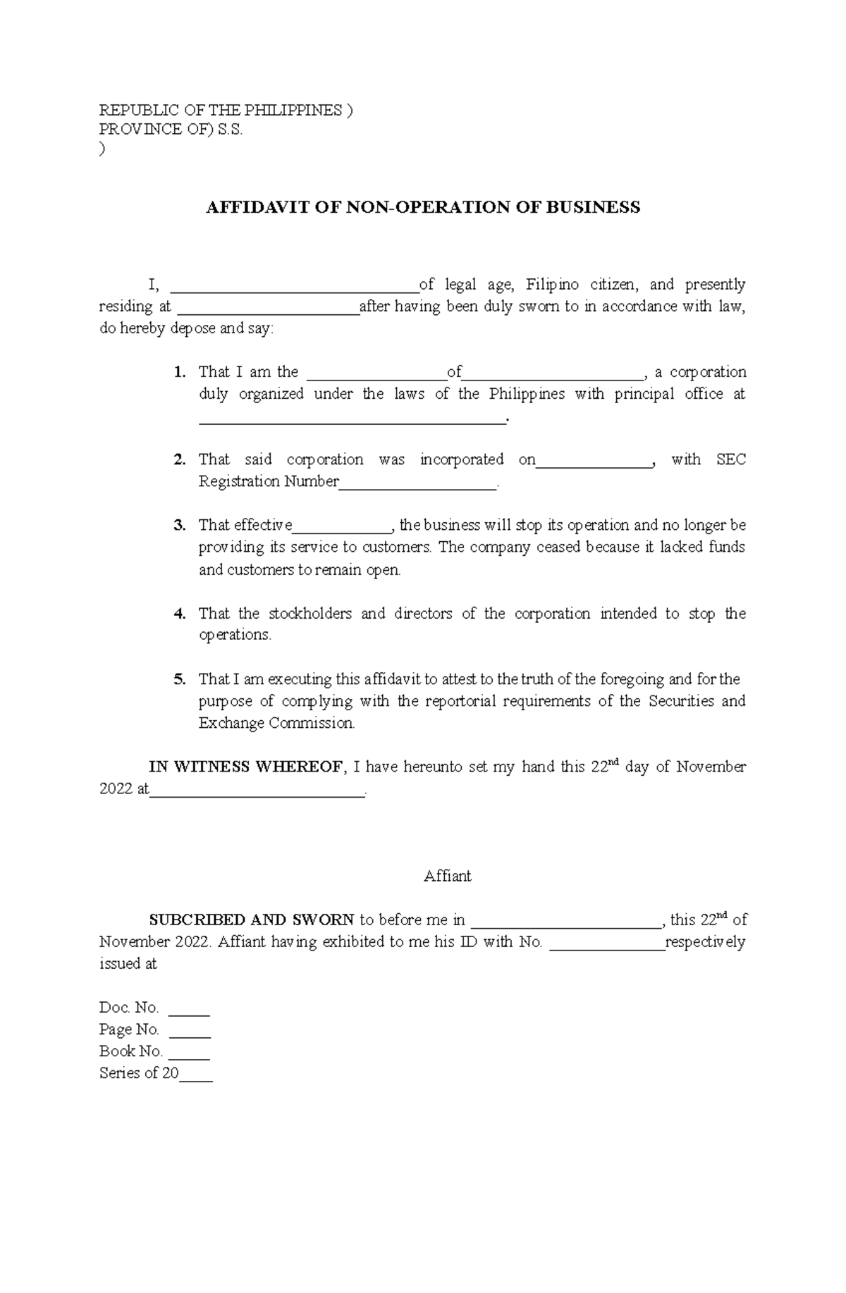 Affidavit of Non-Operation of Business - Philippines Document - Studocu