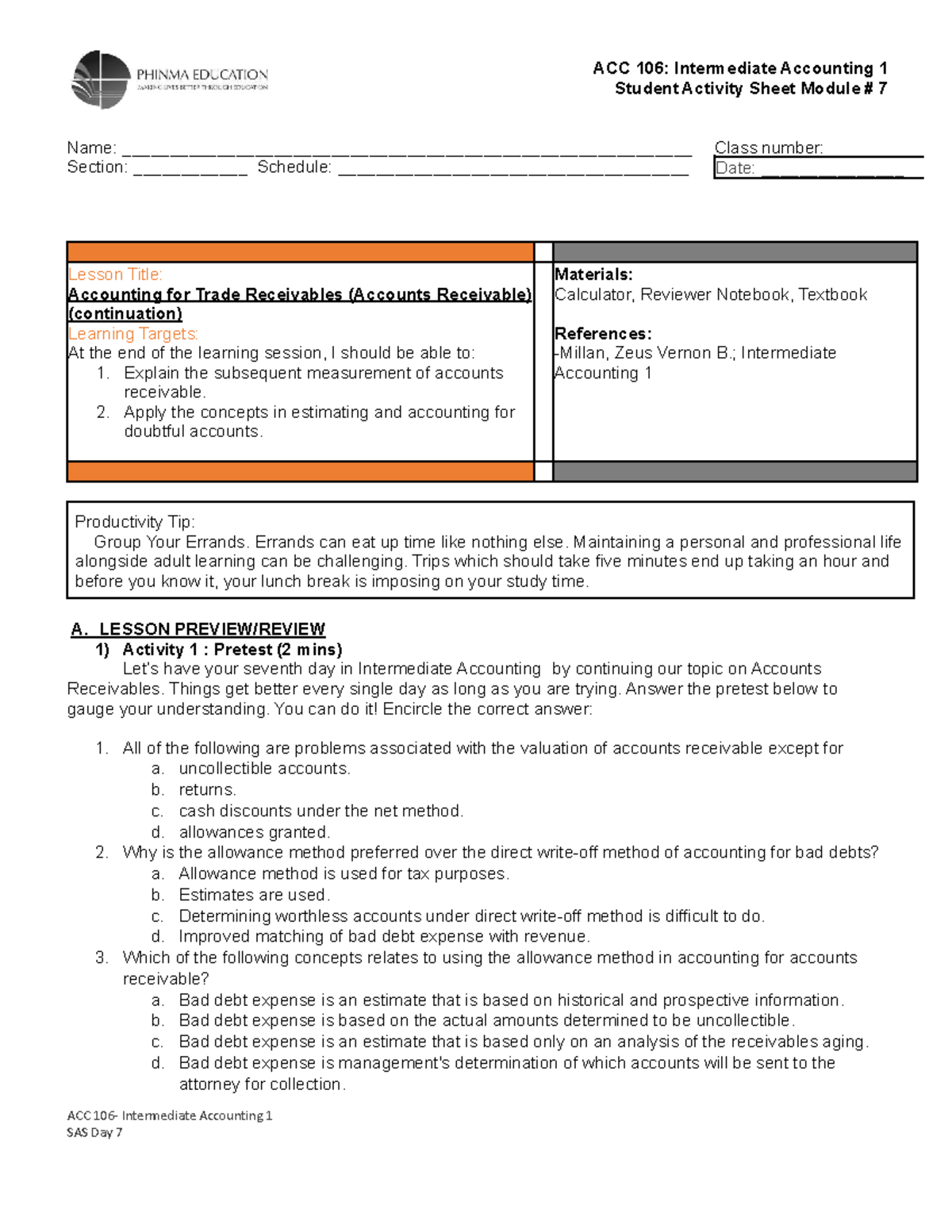 ACC-106 SAS 7 - accounting receivables - Student Activity Sheet Module # 7 Name: - Studocu